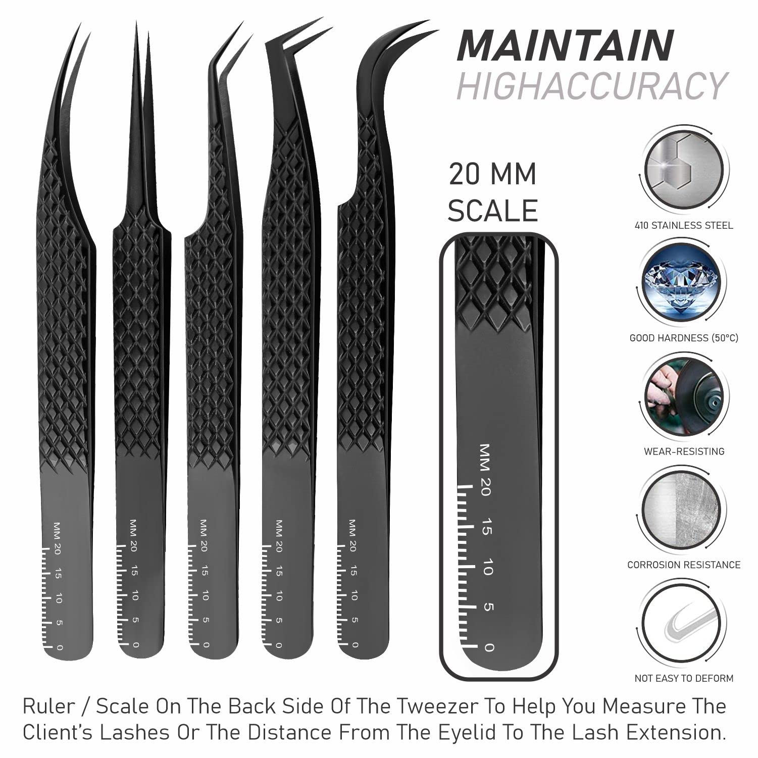 PHLASH TOOLS Pack of 5 Eyelash Extension Tweezers set. Japanese Stainless Steel Eye Lash Extensions Kit with Curved, Straight, C-Point Isolation, L-Type 75°, Wide Tip, 45° Volume Eyelash Tweezers