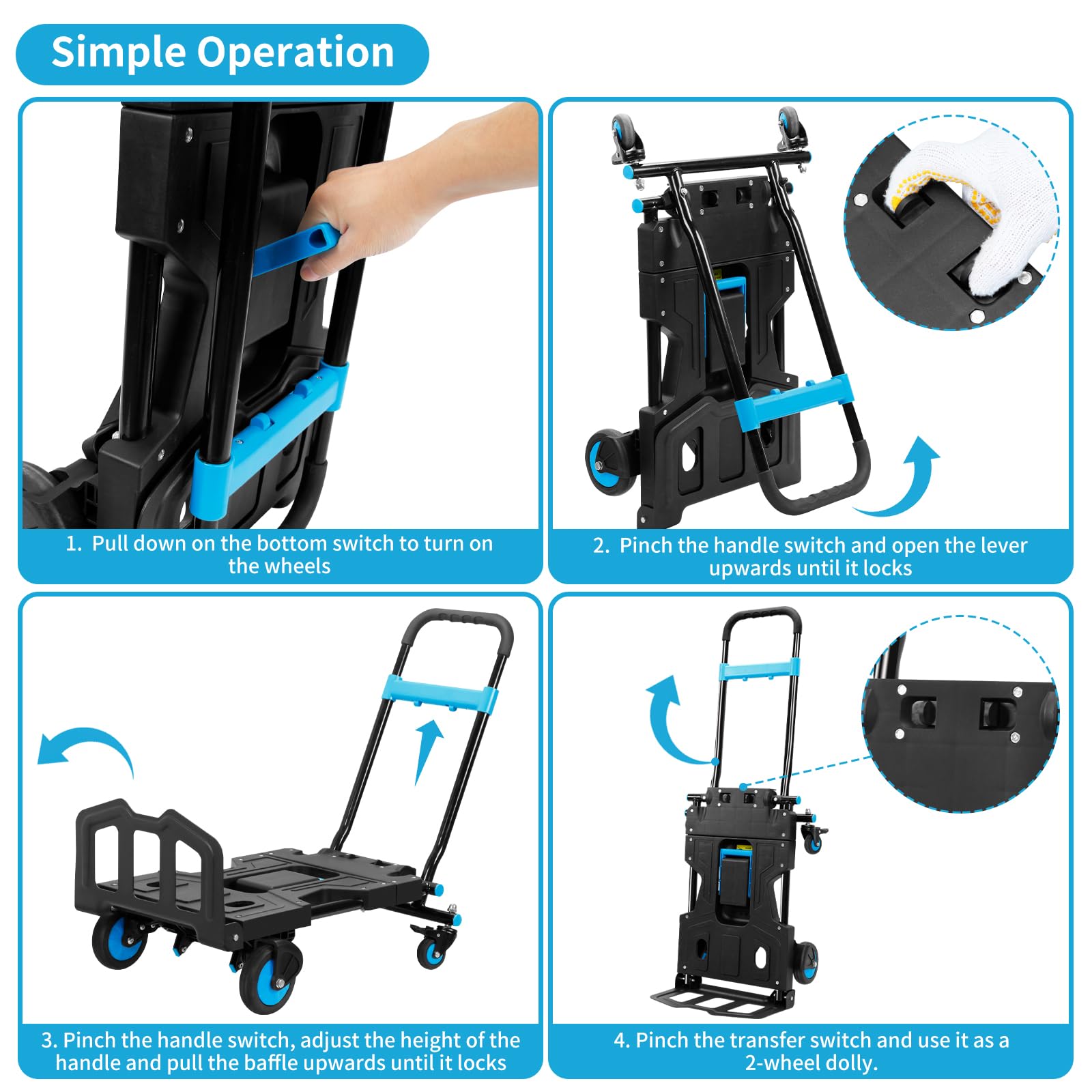 LemoHome Folding Hand Truck Dolly with Basket,Heavy Duty Truck Dolly,330LB Capacity Foldable Hand Cart,Portable Dolly with Telescoping Handle and Rubber Wheels,Dolly Cart with Bungee Cords for Moving