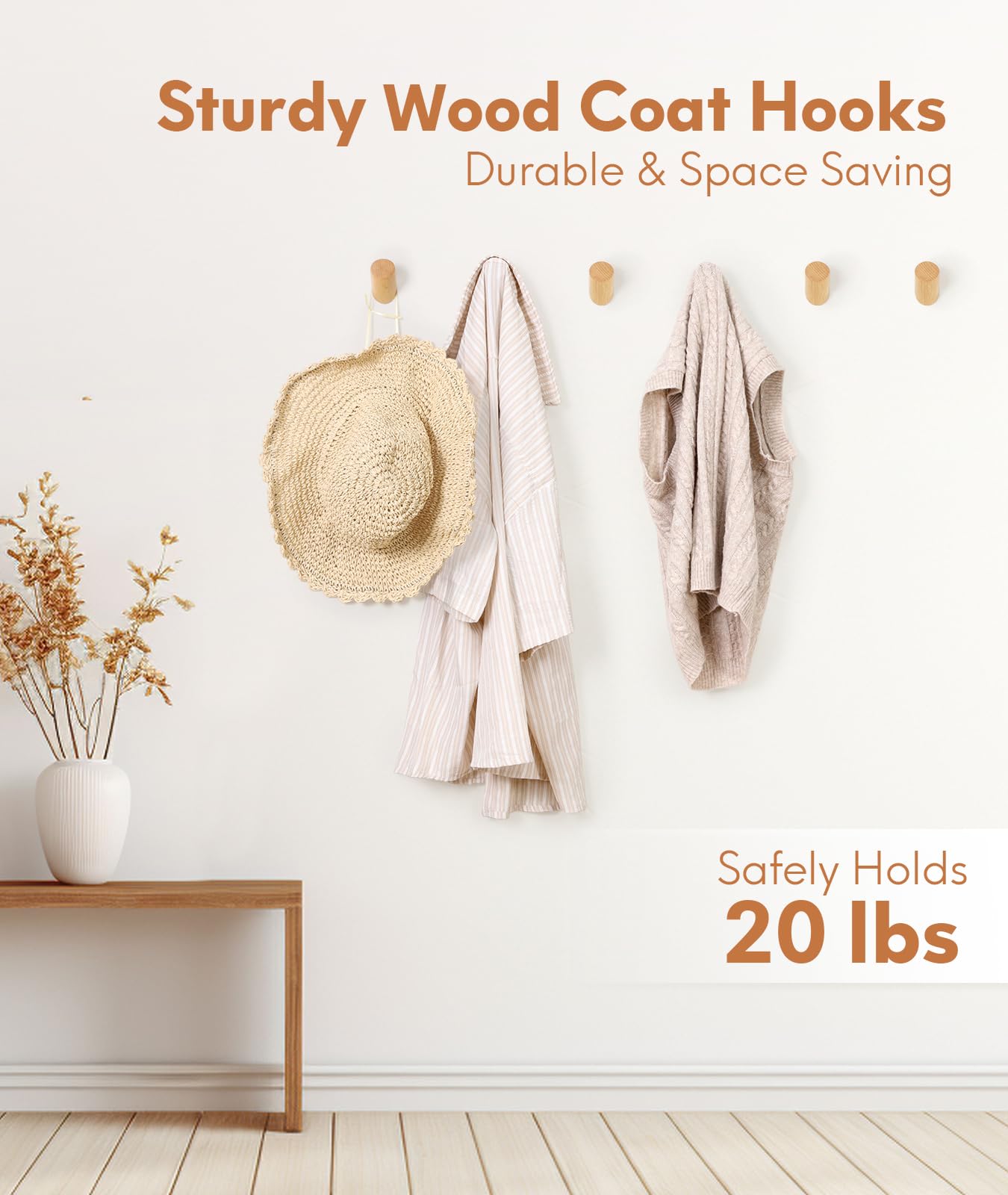 Optish Wood Wall Hooks for Hanging, 6 Pack Hat Hooks for Wall, Decorative Wall Hooks, Coat Hooks Wall Mounted, Heavy Duty Entryway Wall Hangers (Beech)