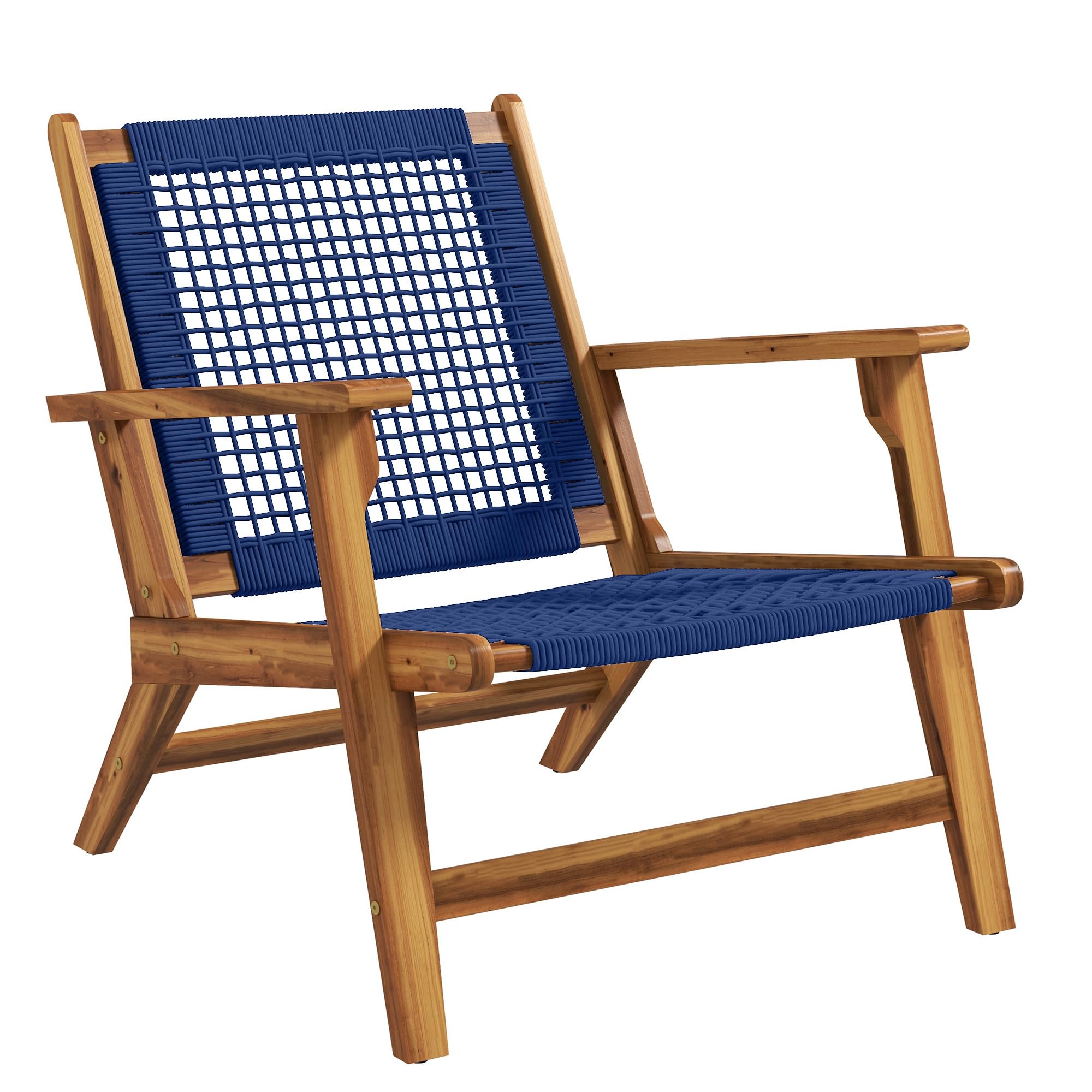 Outsunny Patio Acacia Wood Adirondack Chair, Modern Wood Fire Pit Chair with PP Rope Weave, Coconino Lounge Chair with High Backrest Support, Dark Blue