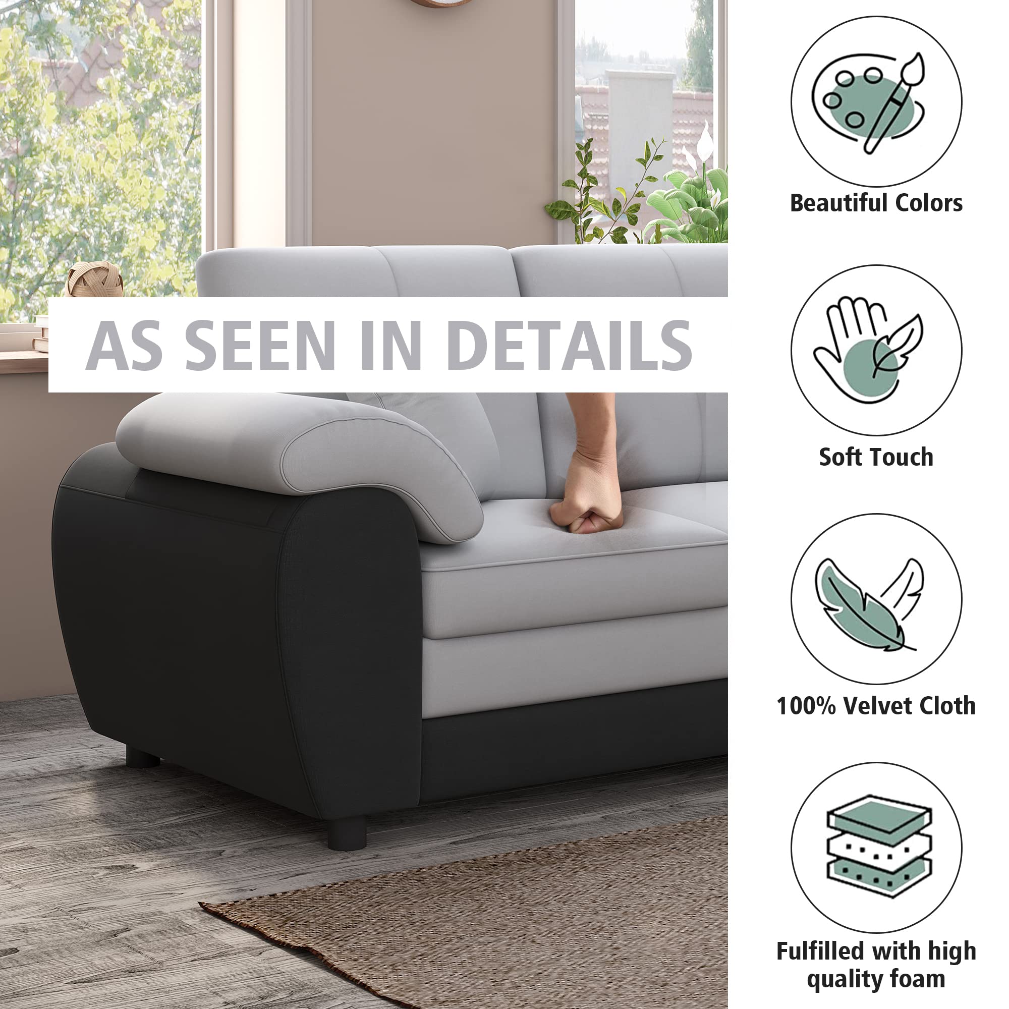 PHOYAL 3 Seater Sofa, 81.8β Modern Futon Sofa Bed Mid-Century Sofa with Two Pillows Velvet Upholstered Sofa, PU Armrest and Base for Living Room, Bedroom, Apartment, Grey