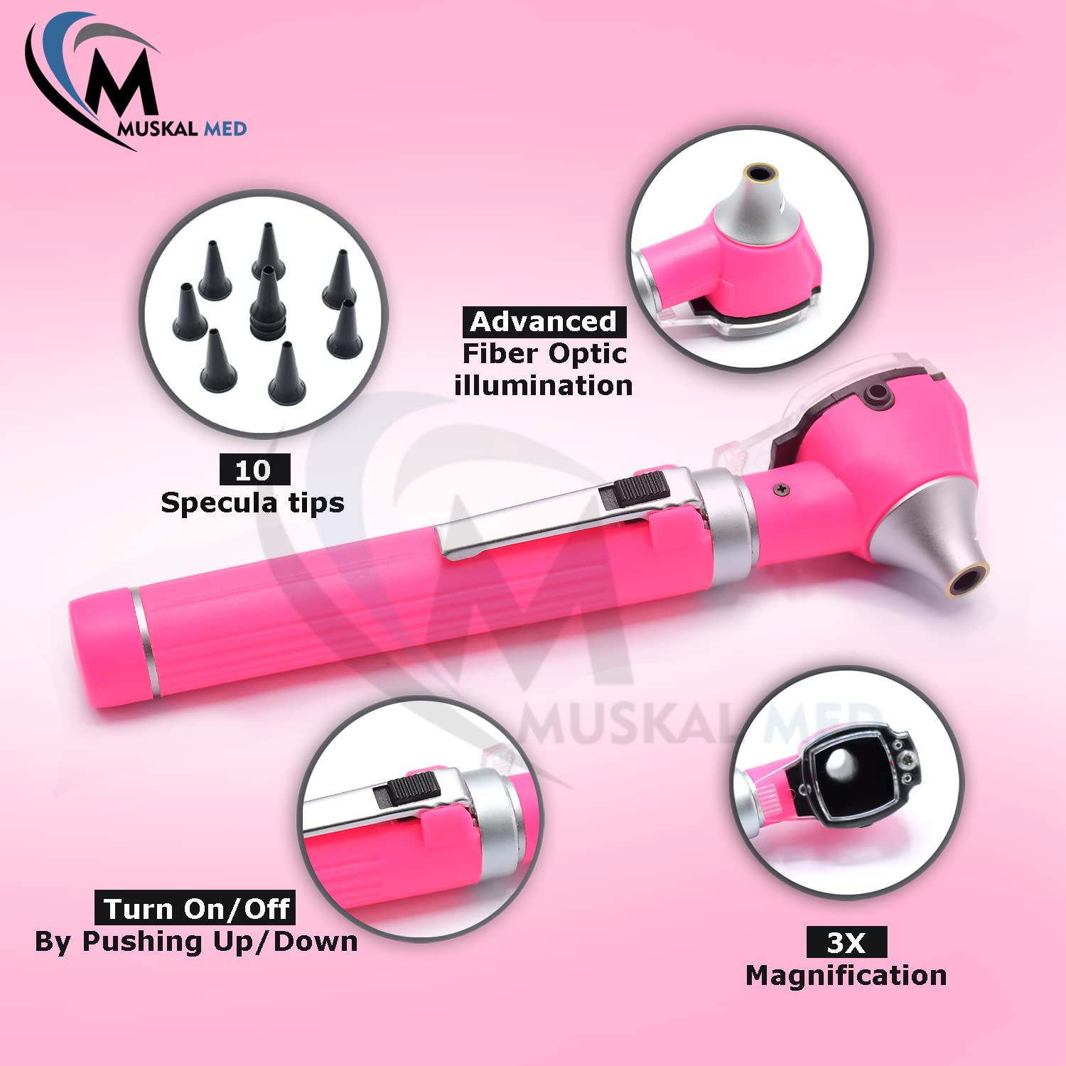 MuskalMed MuskLife Otoscope - Ear Scope with Light, Ear Infection Detector, Pocket Size, in 10+ Colors! Pink Style