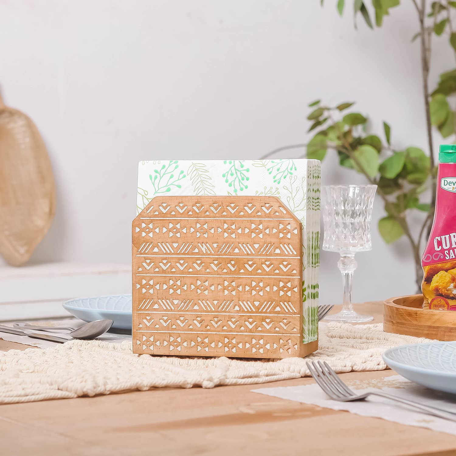 NIKKY HOME Bohemian Wood Farmhouse Countertop Napkin Holder