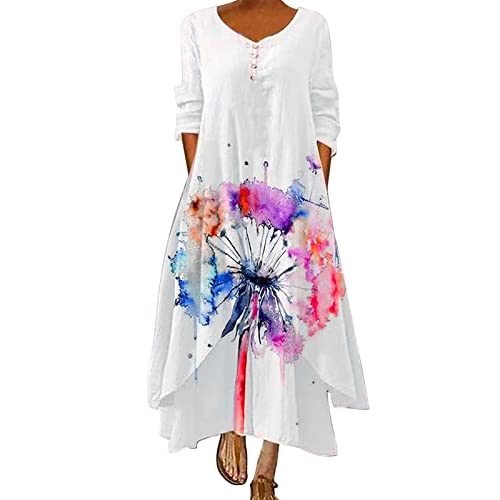 Midi Length Long Sleeve Maxi Dress for Women Asymmetrical Hem Button Down V Neck Casual Dresses Flowy A Line Blue