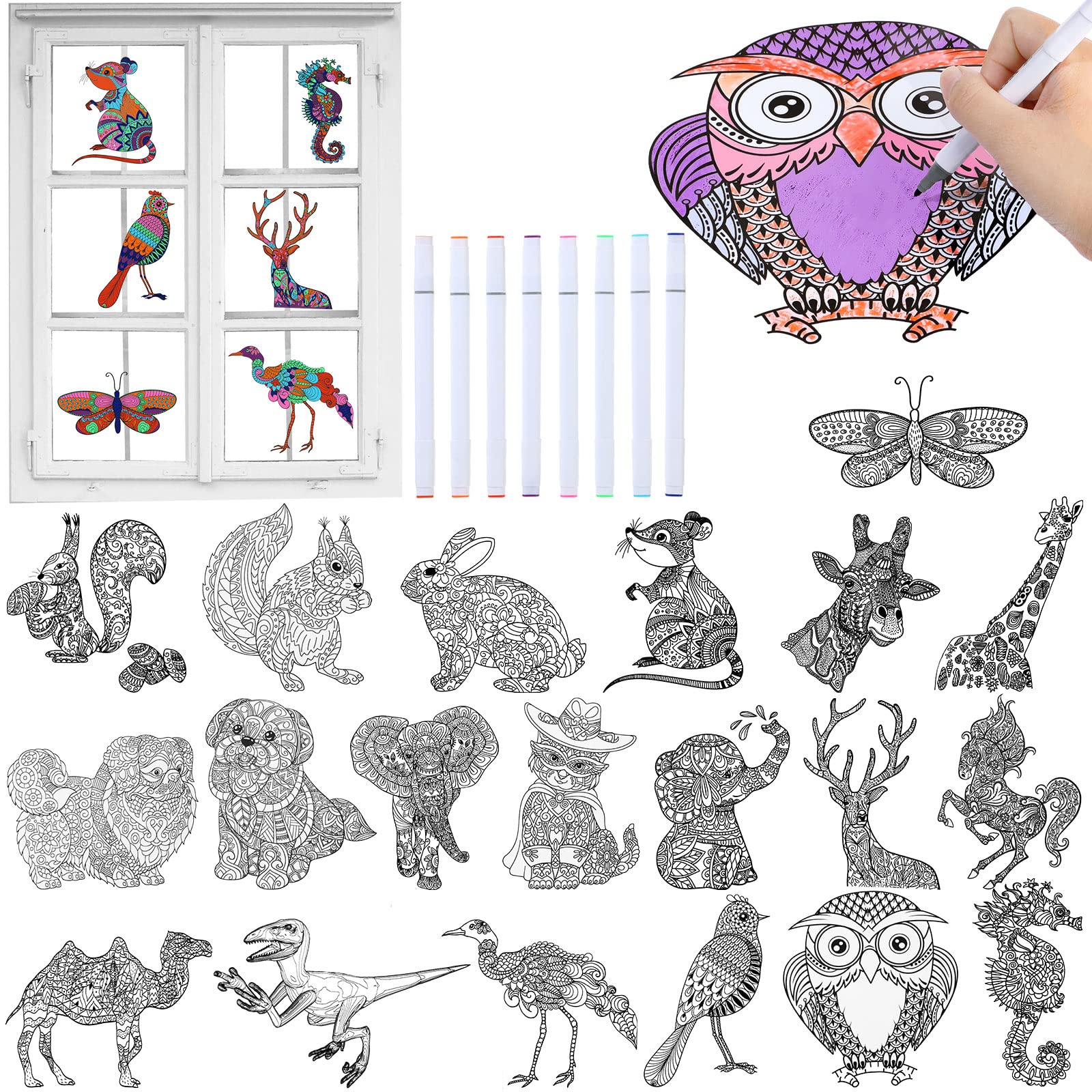 Leinuosen 28 Pcs Color Your Own Mandala Window Clings and Markers Stained Glass DIY Paint Kit Window Art Fun Activities Crafts Sun Catcher Kit for Adults Women Teens Home Window Decor (Animals)