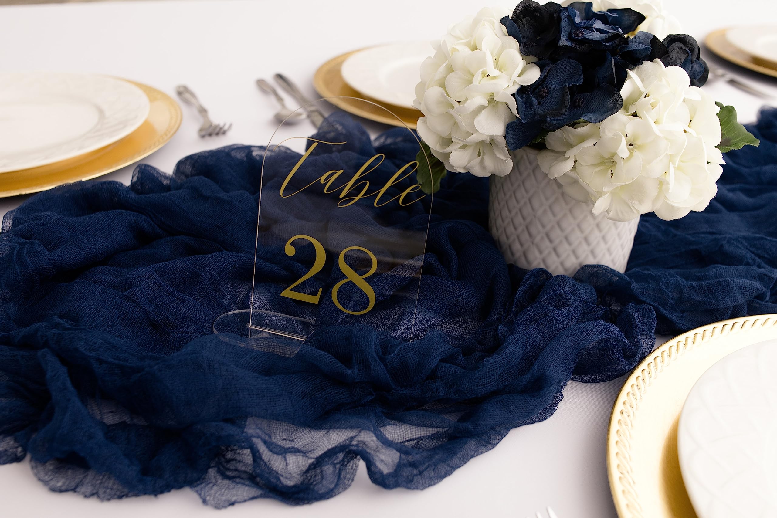 Tanther 30 Sets Acrylic Table Numbers, Gold Printed Caligraphy Lettering, Arch signs & stands, (Numbers 1 - 28, Head Table, and Gift Table Signs- 30 total), 4 x 6 Inch size, For weddings, receptions,