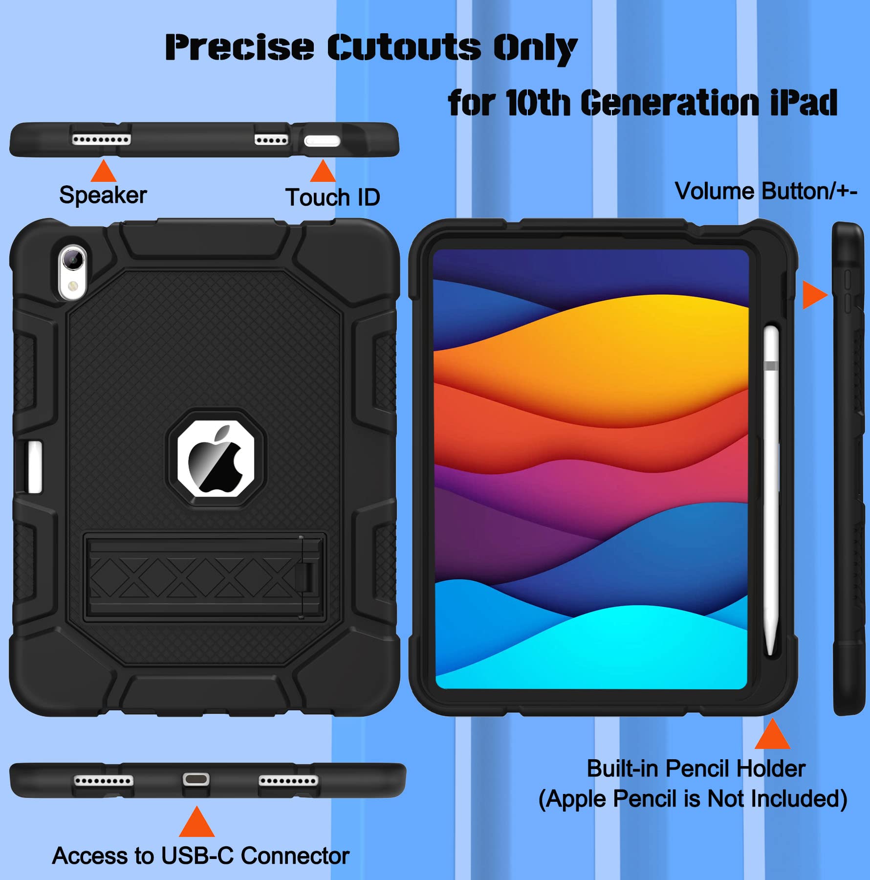 Rantice 10th Generation Case, 10th Case with Pencil Holder, 10th Gen Case with Kickstand, Hybrid Shockproof 10.9 inch Case for Kids Boys Children 2022 Released (Navyblue+Red)