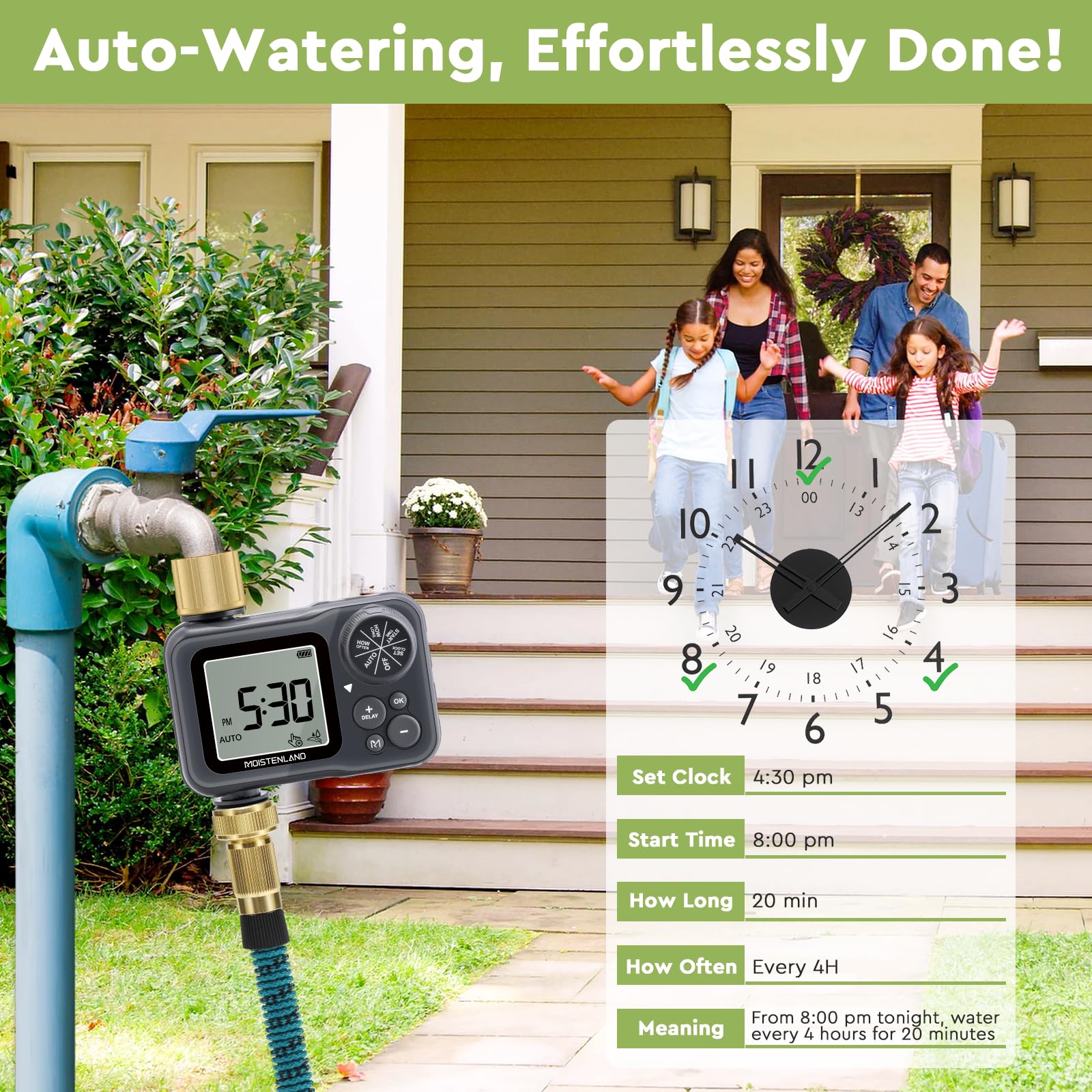 Moistenland Sprinkler Timer with Brass Swivel, Water Timer for Garden Hose, Hose Timer, with Rain Delay/Manual/Automatic Watering System, IP54 Waterproof, 2.6 Inches Large Screen(1 Outlet)
