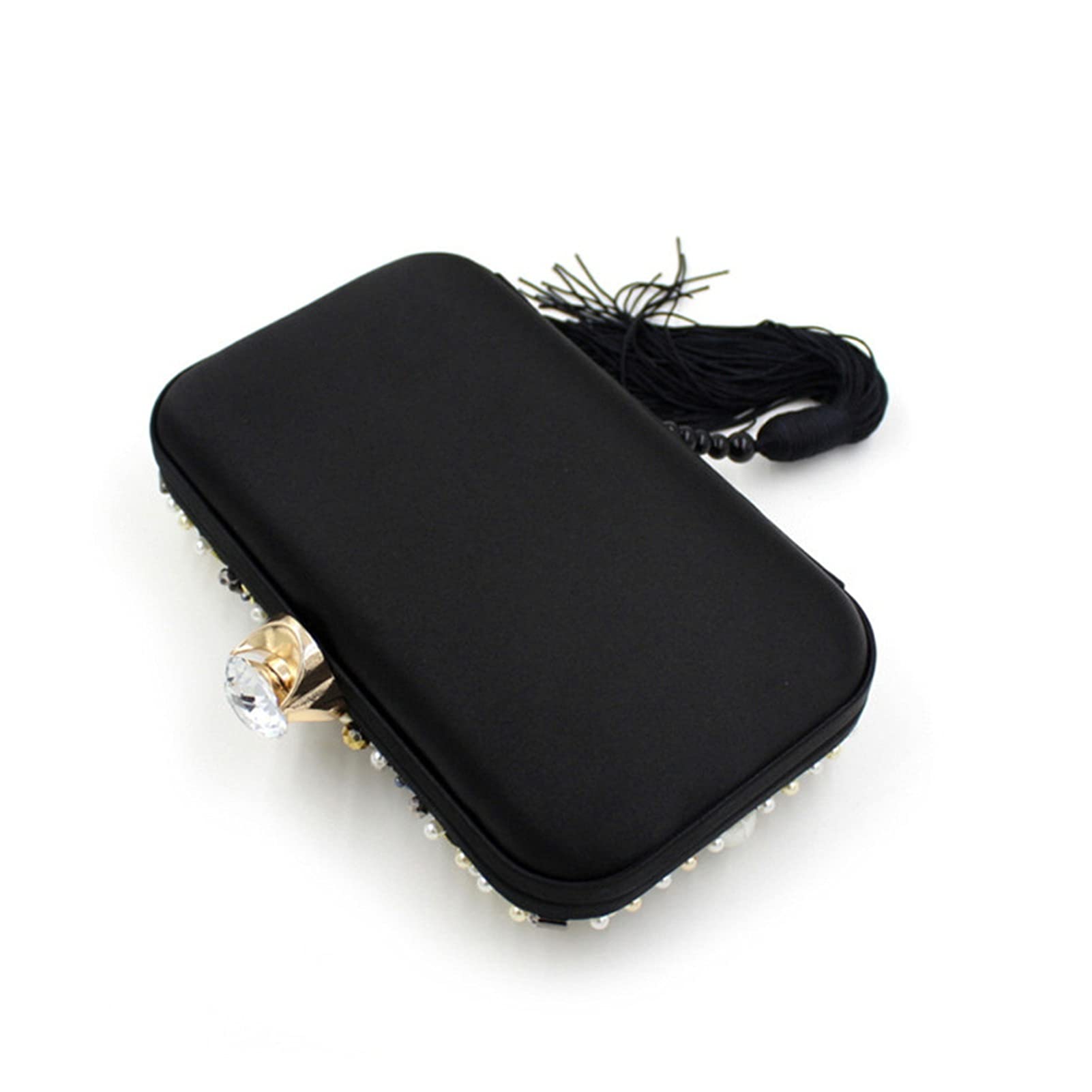 Mayeec Evening Clutch Pearl Beads Embroidery Clutch Bag Black Tassels Crystal Evening Bag Bridal Wedding Luxury Handbag (Color : Black)