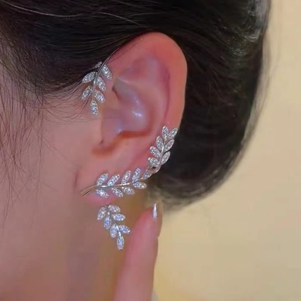 Jumwrit Rhinestone Ear Cuffs Leaf Ear Jacket Climber Crawler Earrings Ear Wrap Earrings Cute Hypoallergenic Stud Earrings for Women Girls(Silver)