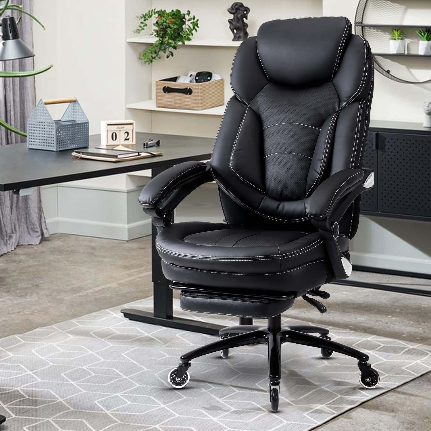 KCREAM Big and Tall Office Chair High Back Massage Reclining Office Chair with Footrest - Executive Computer Chair Home Office Desk Chair Thick Padded Strong Metal Base Quiet Wheels (Black)