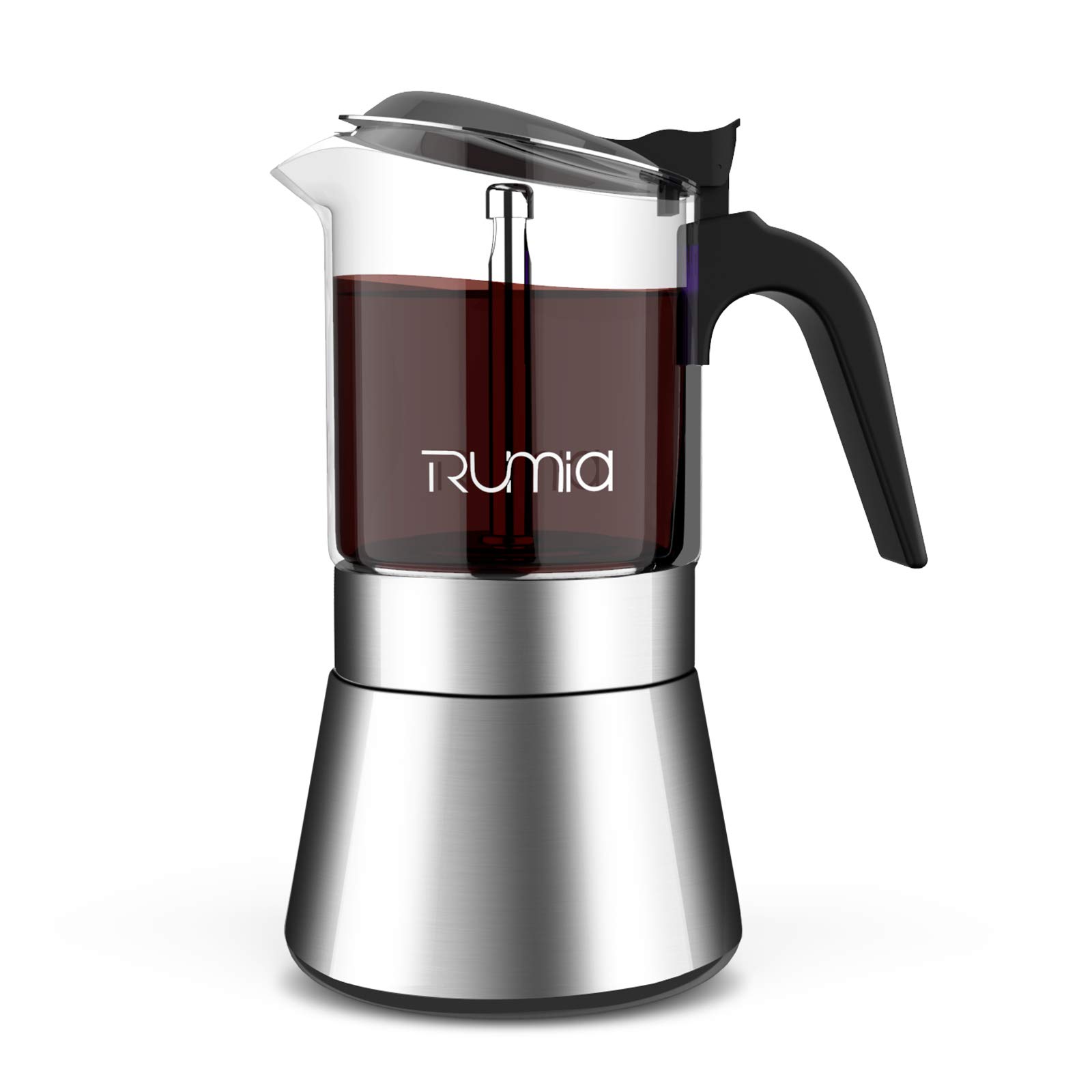 Moka Pot - Rumia Stovetop Espresso Maker, Crystal Glass & Stainless Steel Moka Pot, 6 Espresso Cup/240 ml/8.5 oz for Strong Coffee Maker, Dishwasher Safe, Classic Percolator Italian Style