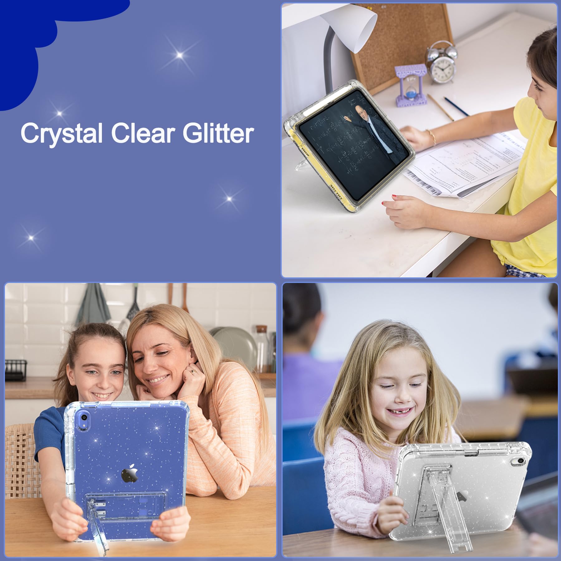 Rantice iPad 10th Generation Case with Screen Protector, Pencil Holder & Kickstand - Slim, Glittery, and Shockproof Bumper for Women and Girls, Clear Glitter