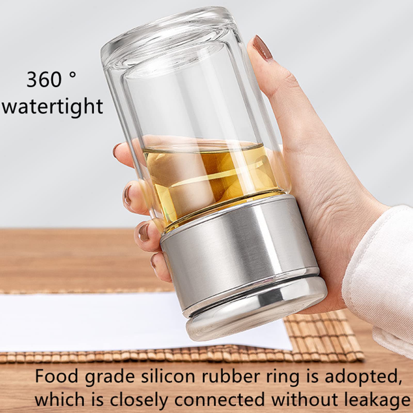 LeYin double wall glass water bottle, travel cup with filter screen, tea and water separation cup for fruit loose leaf tea and cold brewing coffee (silver)