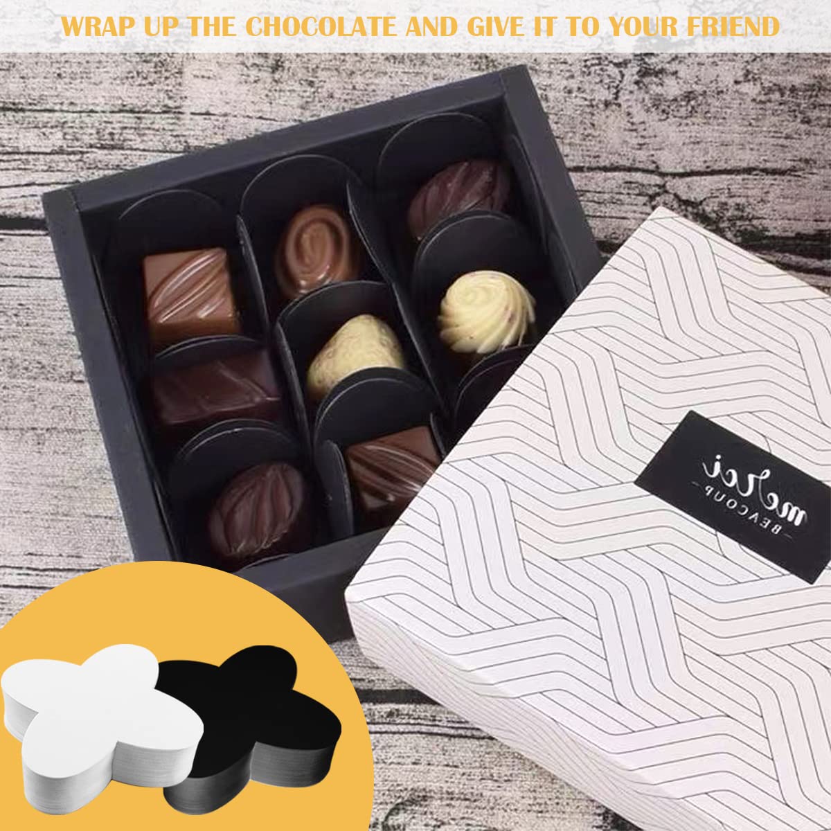 LNQ LUNIQI 200Pcs Truffle Liners Truffle Cups Truffle Wrappers Paper Candy Cups Baking Cups Dessert Cups Cupcake Cups for Bridal Shower Baby Shower Birthday Party Wedding(White&Black)