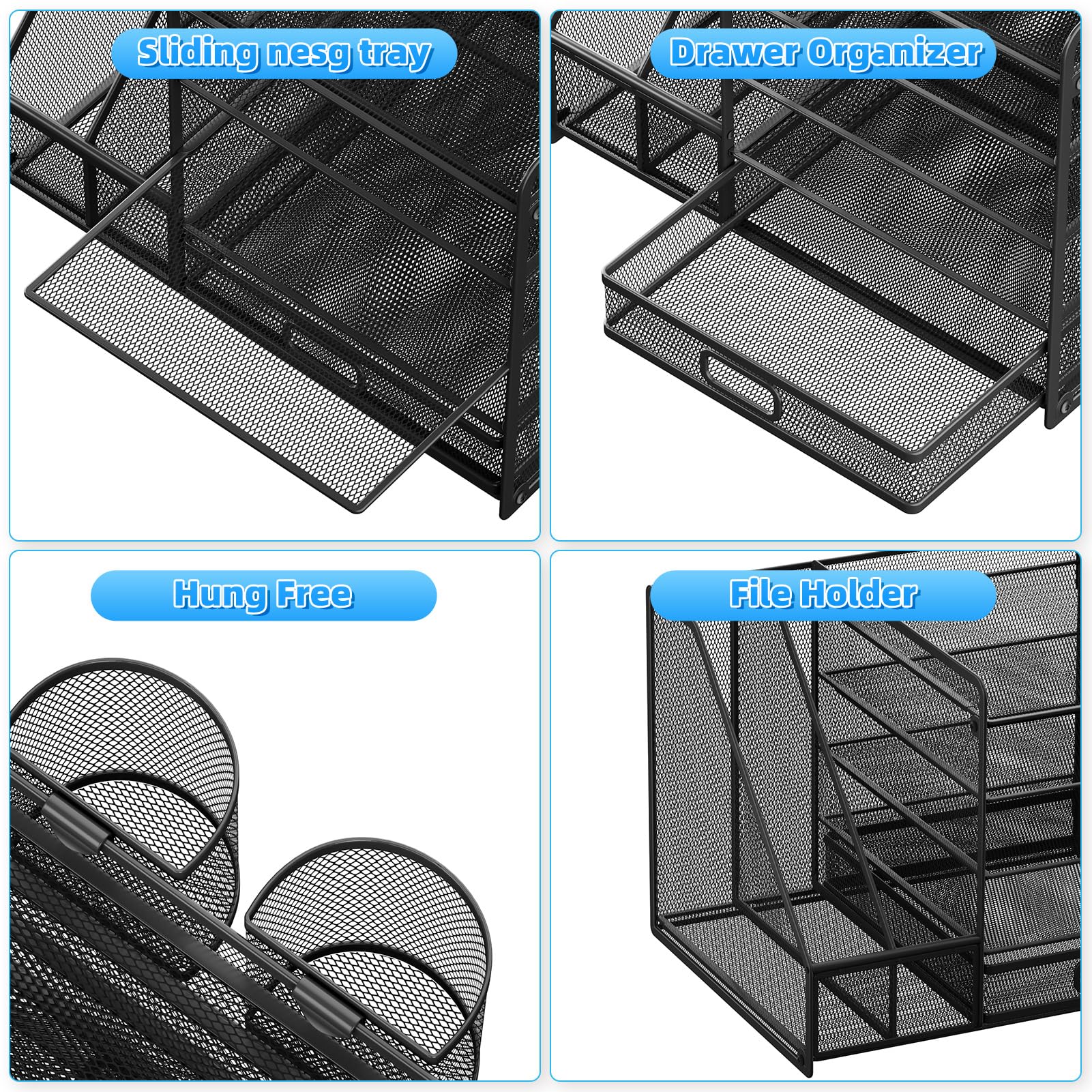 Lavatino Desk Organizer with File Holder, 5-Tier Paper Letter Tray Organizer with Sliding Drawer and 2 Pen Holder, Mesh Desktop File Organizer for Office Supplies (Black)