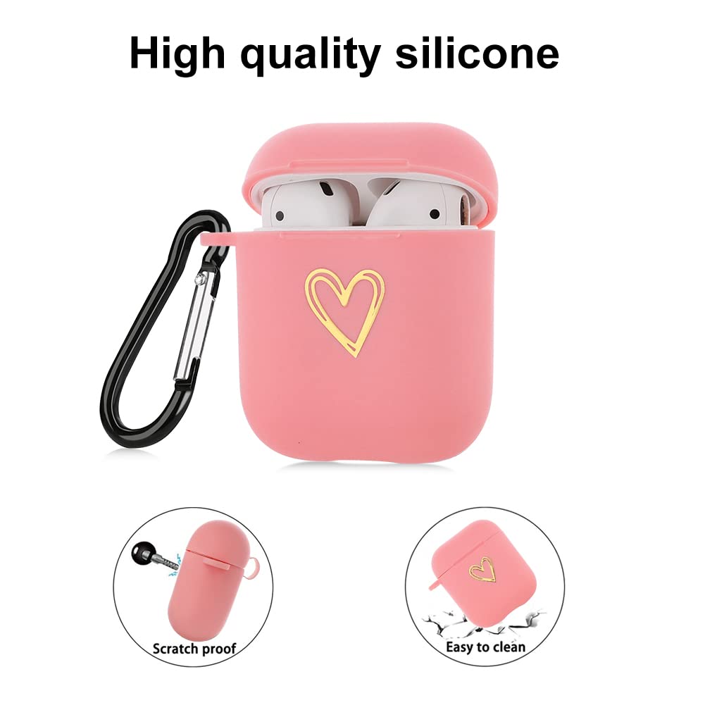MOWIME Compatible with AirPods 1 Case Silicone, Love Heart Cute Pattern AirPods 2 Generation Case Full Body Protective Cover with Key-Chain for AirPods 1/2 Charging Case -Pink