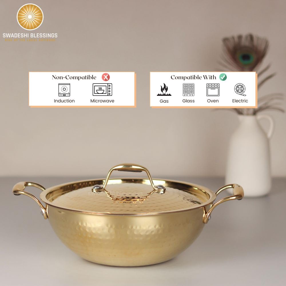 Swadeshi Blessings Exclusive Range Brass Kadai for Cooking with Lid/Teflon-Free/Naturally Non-Stick Brass Utensils with Tin Coating (2 Litres)