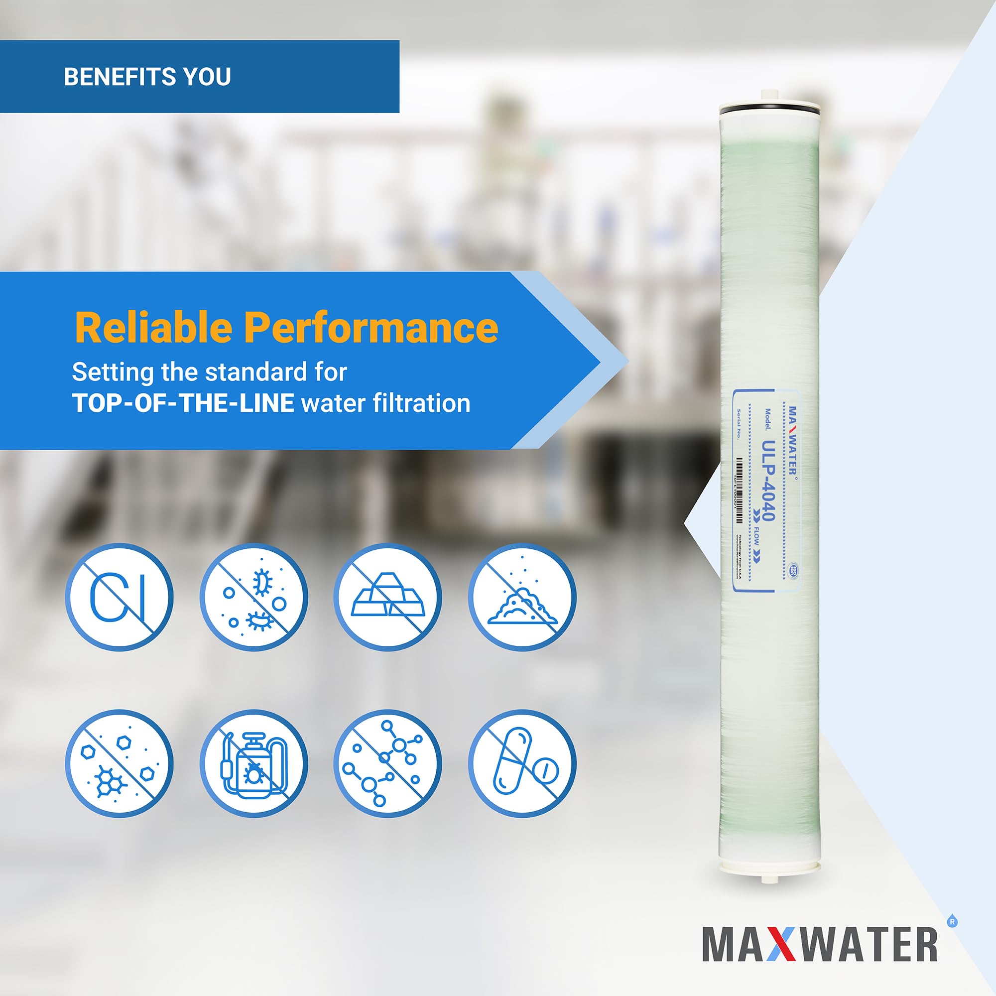Max Water Reverse Osmosis 4040 Commercial RO Membrane (ULP-4040: 2600GPD) size 4" x 40" good for Industrial, Agricultural, Whole House & more (4)