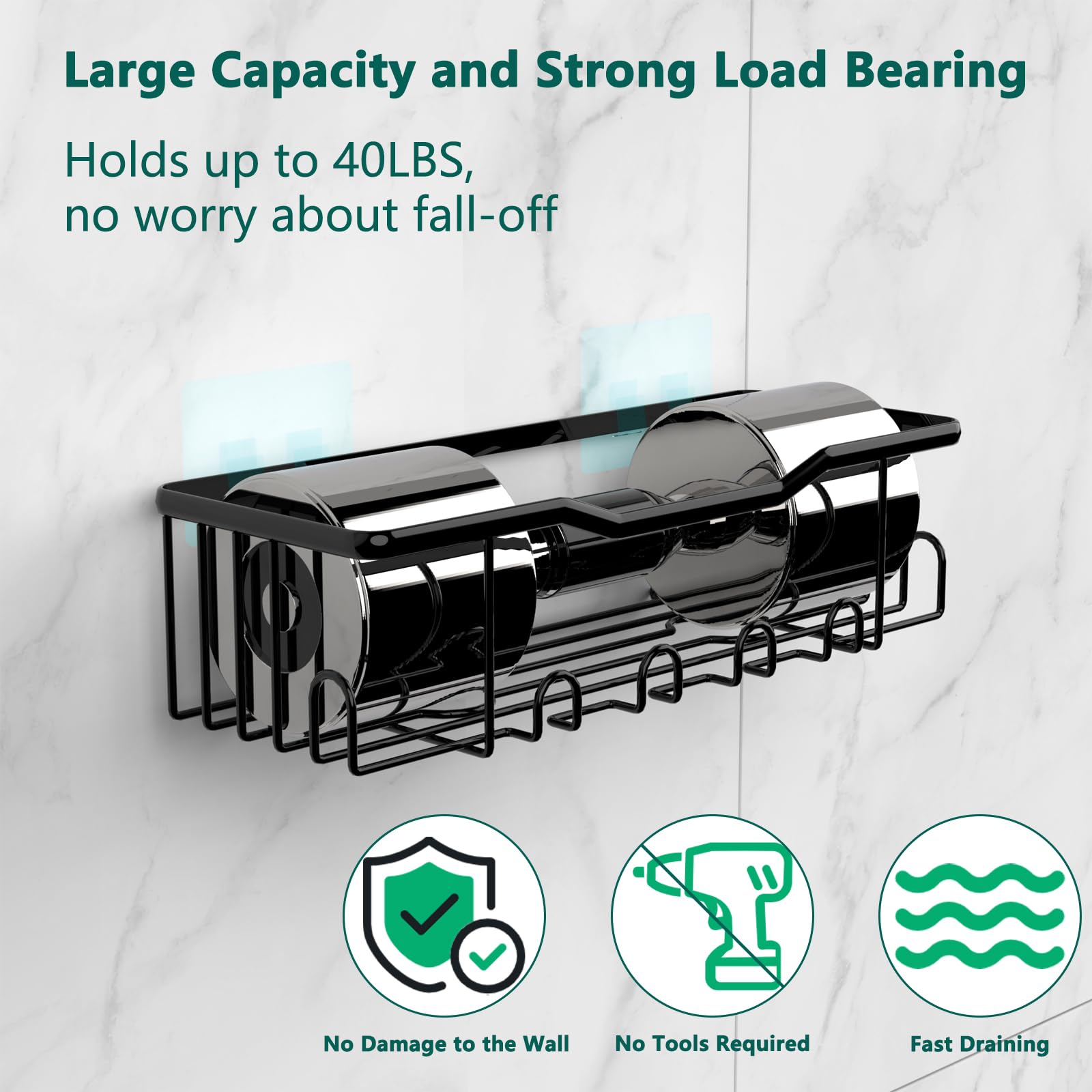 RM FOLD Shower Caddy, 5 Pack Adhesive Shower Organzier, No Drilling Shower Shlves, Rustproof Stainless Steel Bathroom Shower Organzier for Bathroom, Kitchen and Dorm Organization and Storage, Black