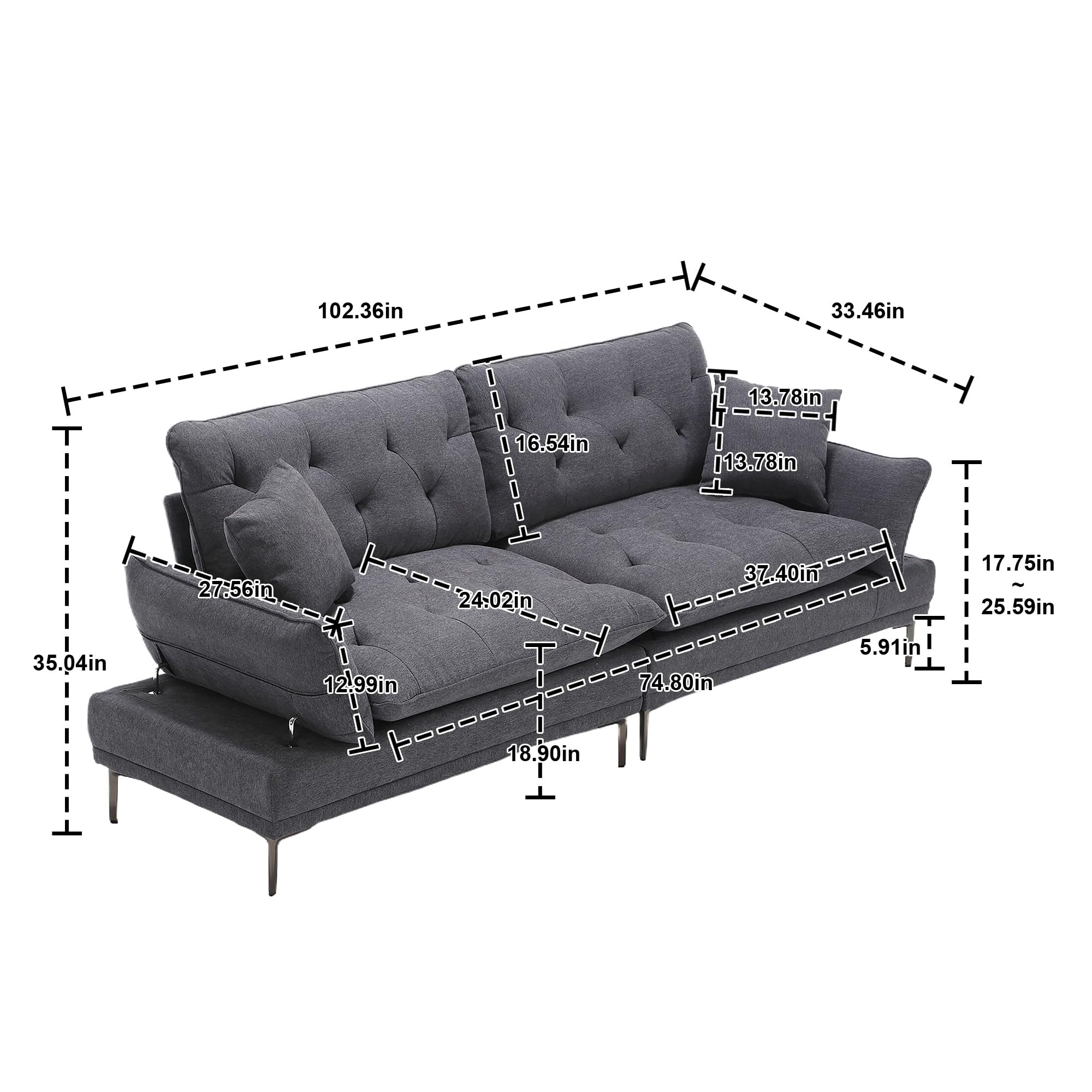 Spacious Loveseat Sofa with Metal Legs,Modern Futon Design, Tufted Accent, Convertible Arms,2-Seater Cloud Sofa for Living Room and Apartment (Dark Gray)