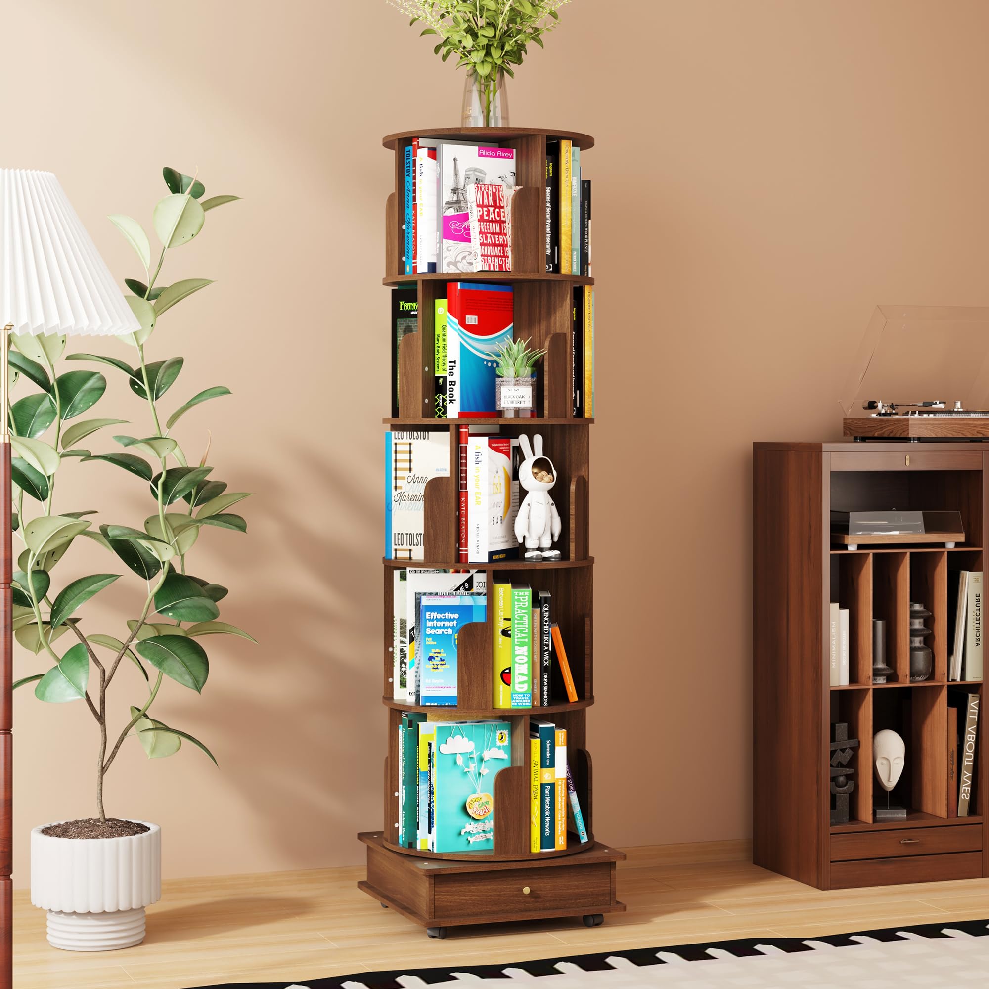 RNE Solid Wood Rotating Bookshelf Tower, 360 Rotating Bookshelf, Mobile Bookcase with Drawers and Wheels, for Bedroom, Living Room, Office (Walnut, 6-Tier)