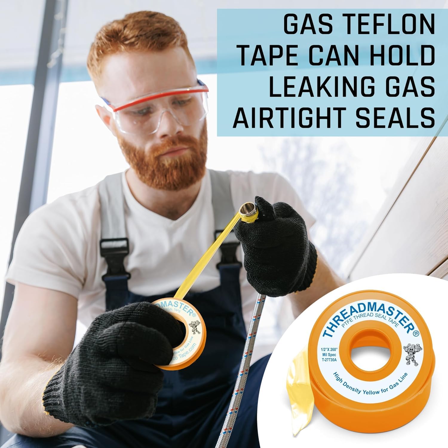 TAPEWELL Yellow Gas Pipe Thread Sealant Tape - Pack of 1-260" Length 1/2" Width Thread Seal Tape - for Propane, Natural Gas, and More