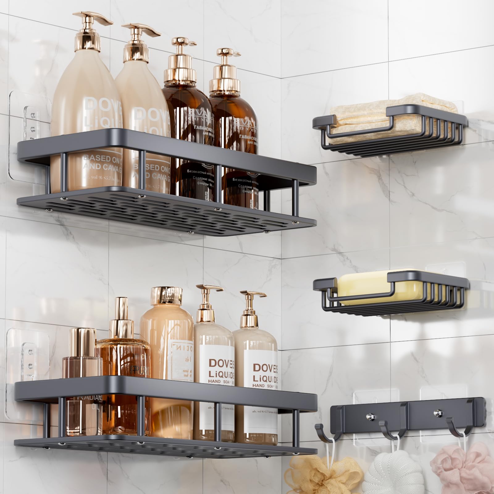 VIOY Shower Caddy-5 Pack Adhesive Shower Rack for Bathroom & Kitchen Organizers and Storage-No Drill and Strong Bearing Bathroom Shelves for Inside Shower, CZY200