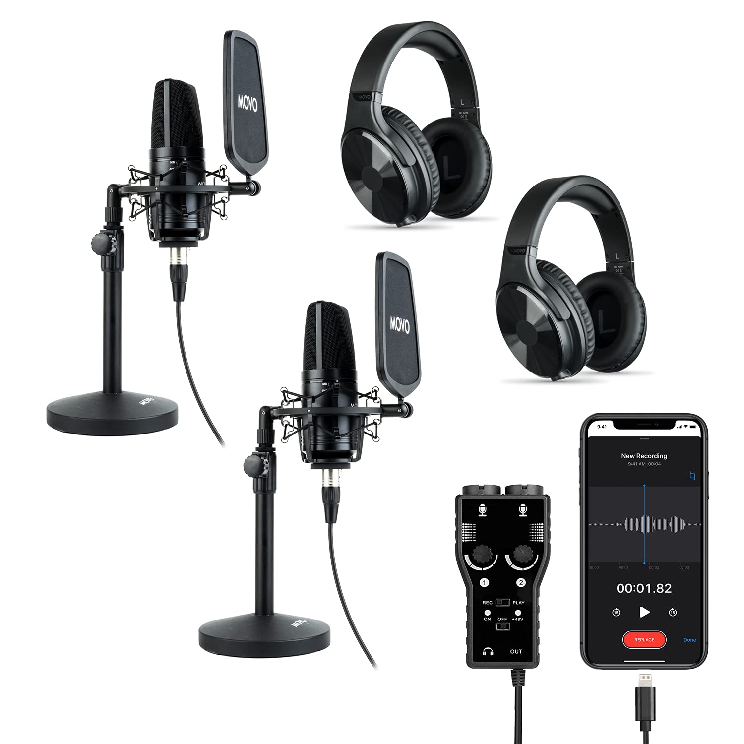 Movo iPhone Podcast Equipment Bundle for 2-2X Pro Condenser Podcast Microphone, 2X Studio Monitor Headphones, 2X Pop Filter, 2X Tabletop Mic Stand, Lightning Interface for iPhone, iPad, iOS