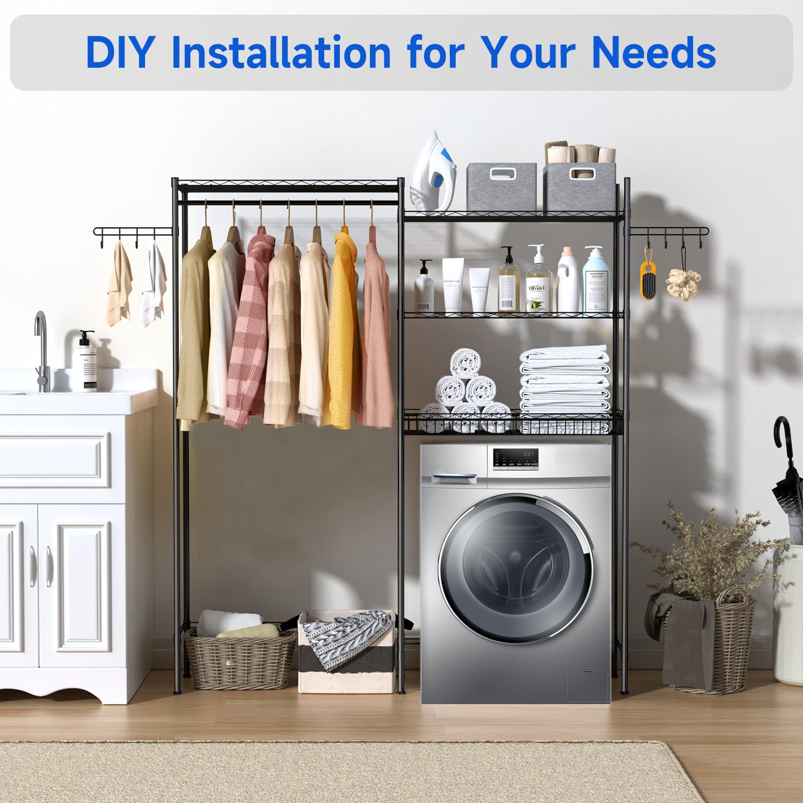 Over the Washer and Dryer Storage Shelf, Height Adjustable Laundry Room Organization Shelf, Clothes Drying Rack for Laundry Room Organization and Storage with Wire Basket, Hanging Rods and Side Hooks