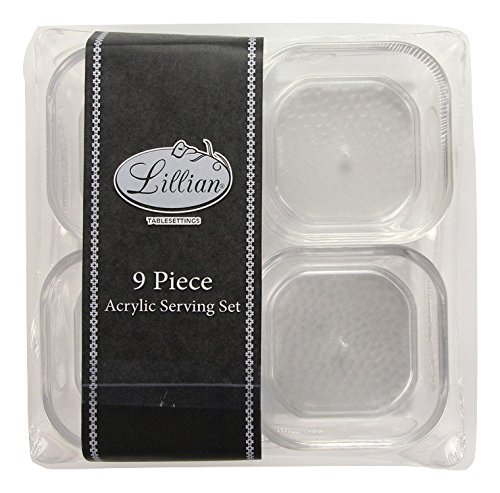 Lillian Tablesettings Clear Premium Acrylic Serving Set With Spoons (7.75" x 7.75" x 1", Pack of 6) - Perfect for Parties, Events, & Dining