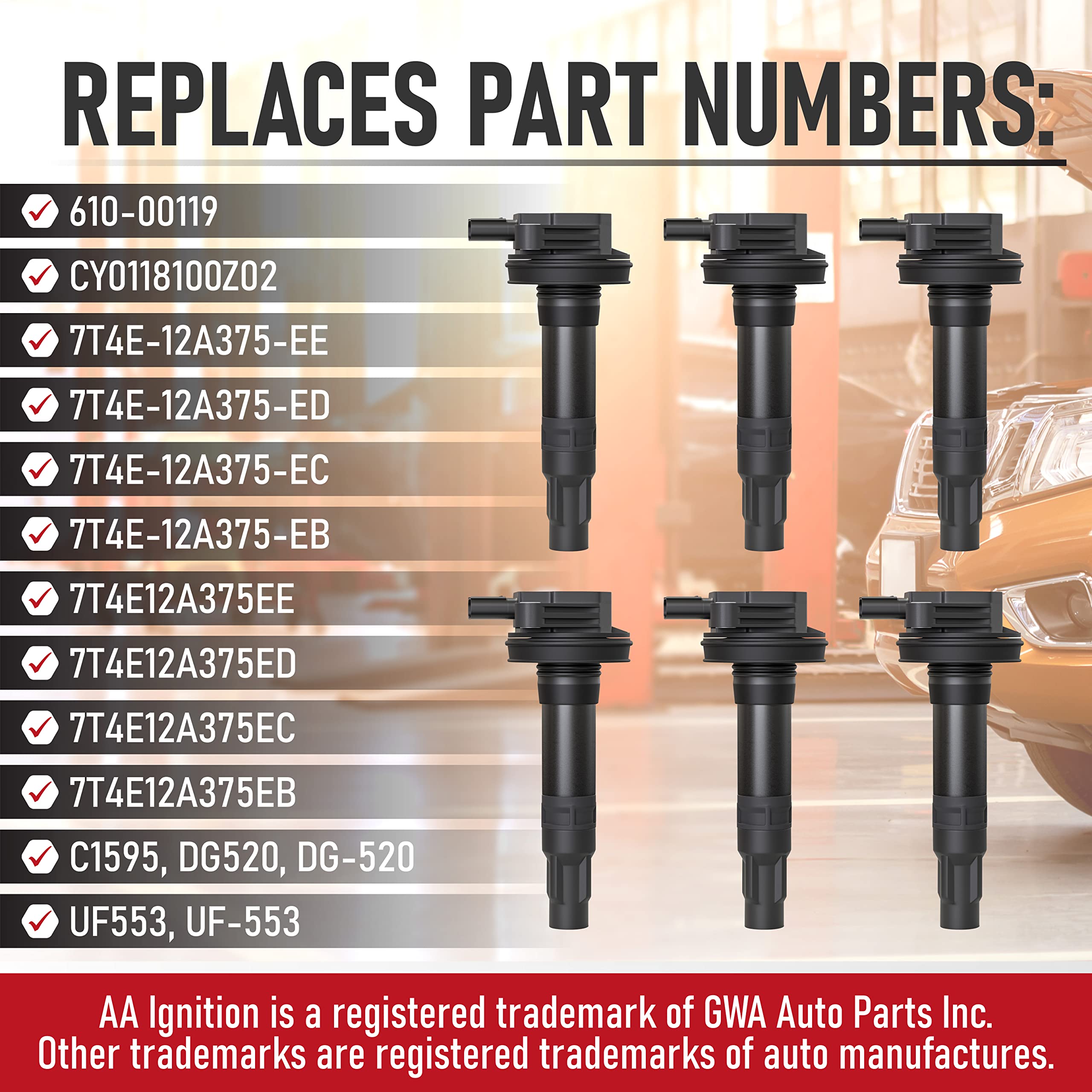 Ignition Coil Pack Set of 6 - Compatible with Ford, Mercury, Mazda & Lincoln Vehicles - 3.5L, 3.7L V6 Edge, F150, Explorer, Mustang, Taurus X, MKZ - Replaces 7T4E-12A375-EE, DG520, 7T4Z12029E, DG-520