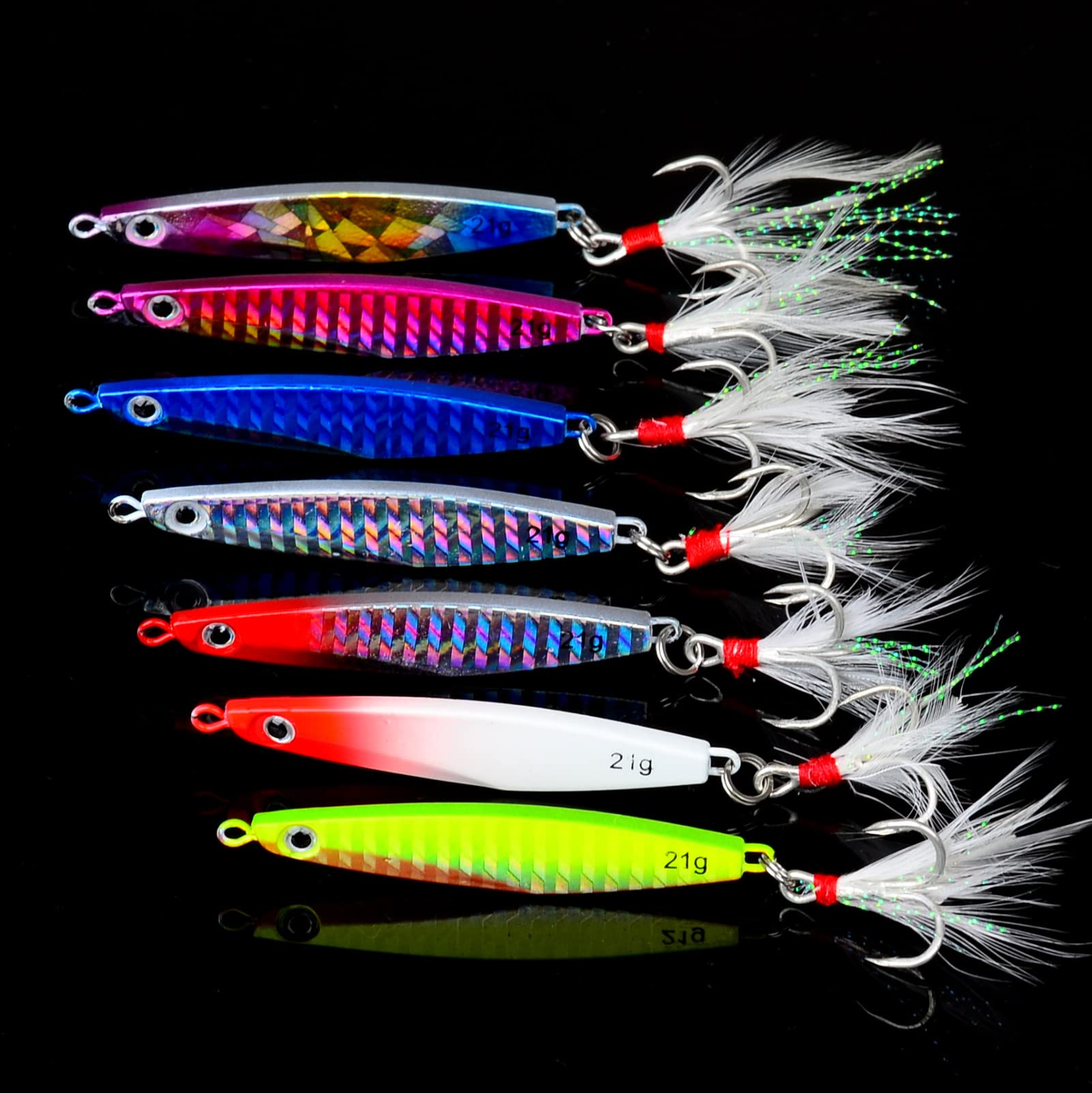 JD Tackle Freshwater/Saltwater Fishing Metal Jig Flat Fall with Treble Hook Lure 2.5IN 21G / 0.74OZ - 7 Pieces