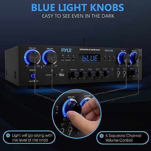 Pyle Bluetooth Home Audio Theater Amplifier Stereo Receiver 4 Channel 800 Watt Sound System w/MP3, USB, SD, AUX, RCA, FM,MIC, Headphone, Reverb Delay, LED Vol, for Home/Studio/Theater Speakers