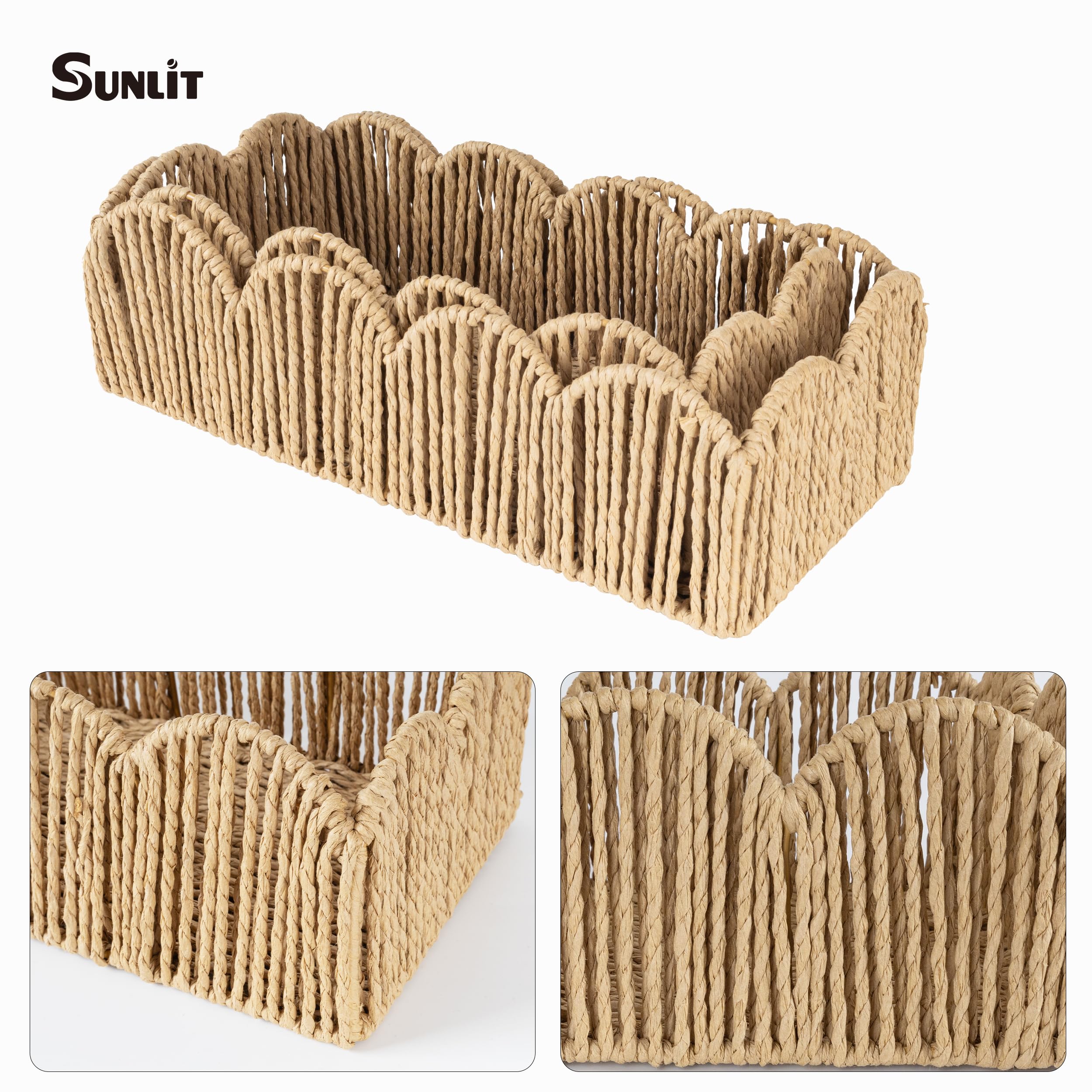 Sunlit Natural Fibre Farmhouse Storage Baskets, Hand Woven Bathroom Storage Boxes, Boho Toilet Paper Tank Basket, Decorative Storage Bins for Countertop, Bathroom Organizer Set of 2, Wavy, Natural