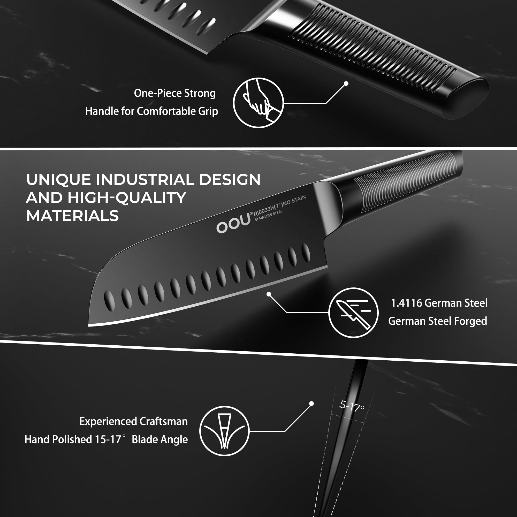 OOU! Kitchen Knife Set with Block, 15 Pieces High Carbon Stainless Steel Knife Block Set, Professional Chef Knife Set with Built-in Sharpener, Ergonomic Handle