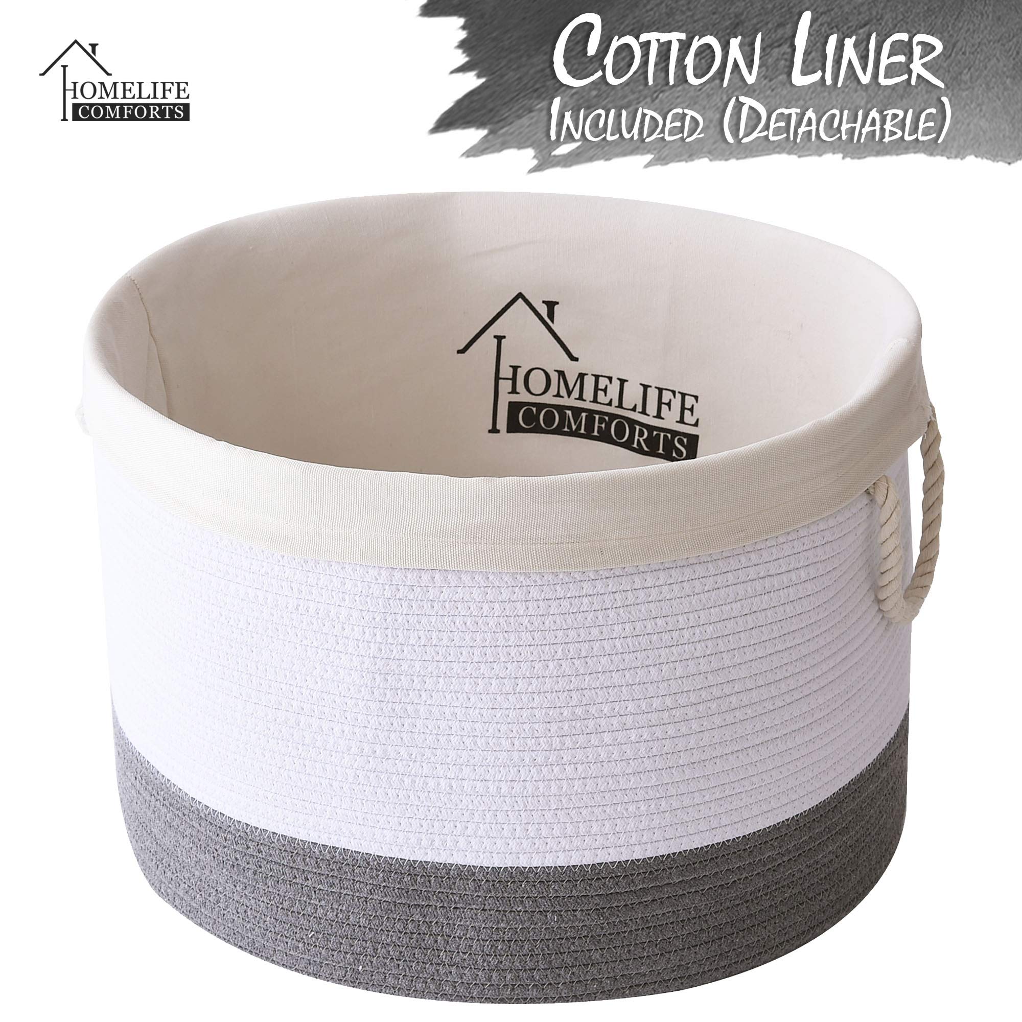 HomeLife Comforts XXL Woven Cotton Rope Basket | 20"x13" Blanket Pillow Towel Baby Toy Nursery Storage Organizer | Decorative Clothes Hamper Bin | Extra Large White Grey as Decor Gift for Laundry Room
