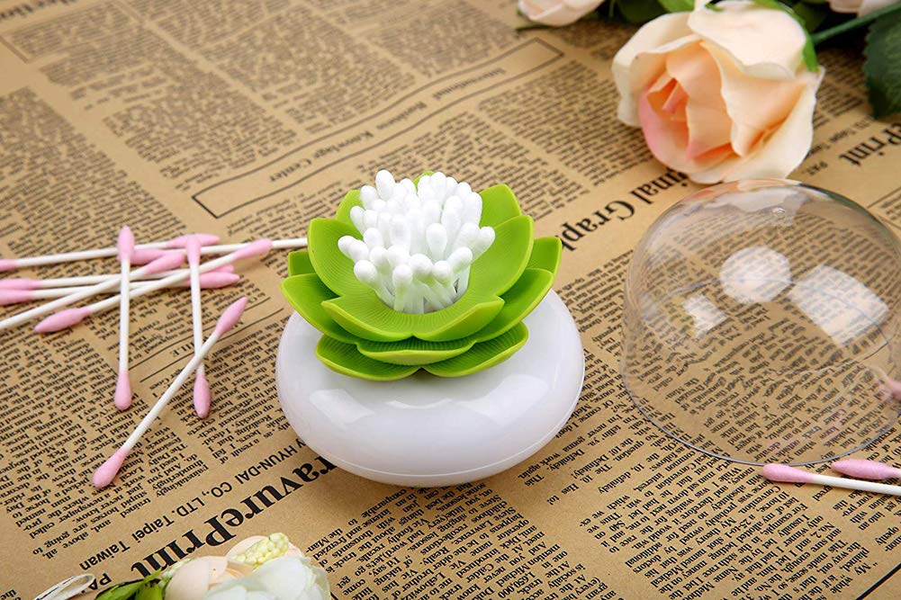 Niviy Q-Tips Holder Cotton Swab Organizer Lotus Shape Swab Cosmetic Storage Bathroom Decor, Green