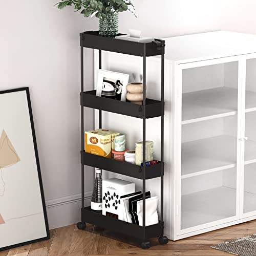 SPACELEAD Slim Storage Cart 4 Tier, Storage Organizer Rolling Utility/ Mobile Shelving Unit Slide Out Storage Cart for Office, Bathroom, Kitchen, Laundry Room & Narrow Places, Black