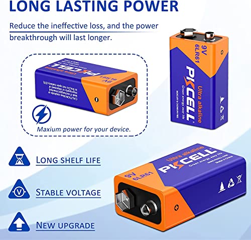 PILOCEL 9V Batteries, 9 Volt Alkaline Battery, Long-Lasting 9V Battery for Smoke Detector, 10-Year Shelf Life, 8 Pack