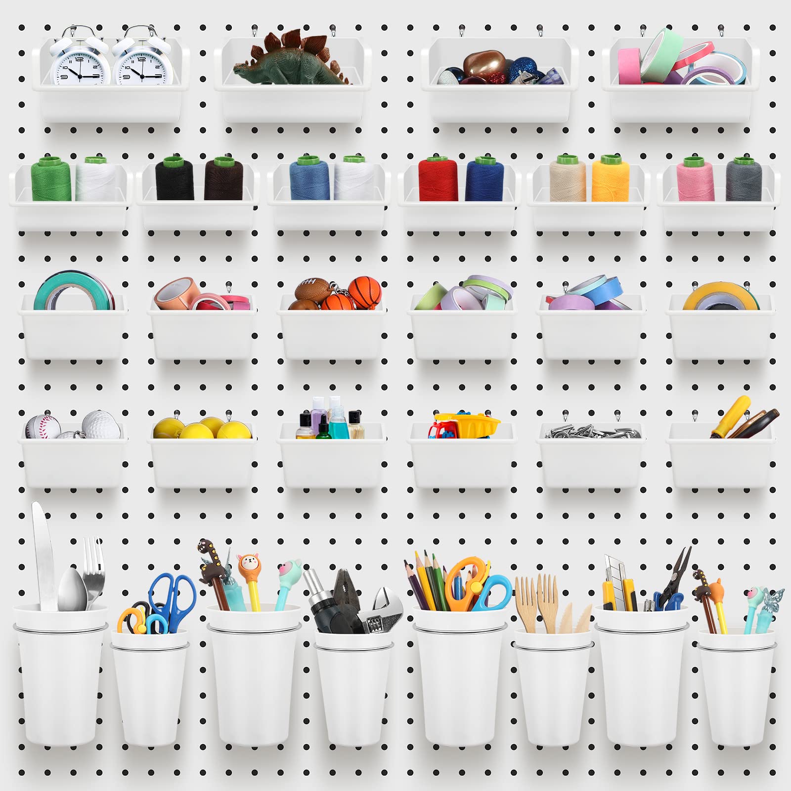 Roowest 60 Pcs Pegboard Cups Pegboard Bins Set, Pegboard Wall Organizer with Hooks and Loops, Peg Hooks Assortment Organizer Accessory for Office Storage Garage Craft Workshop (White)