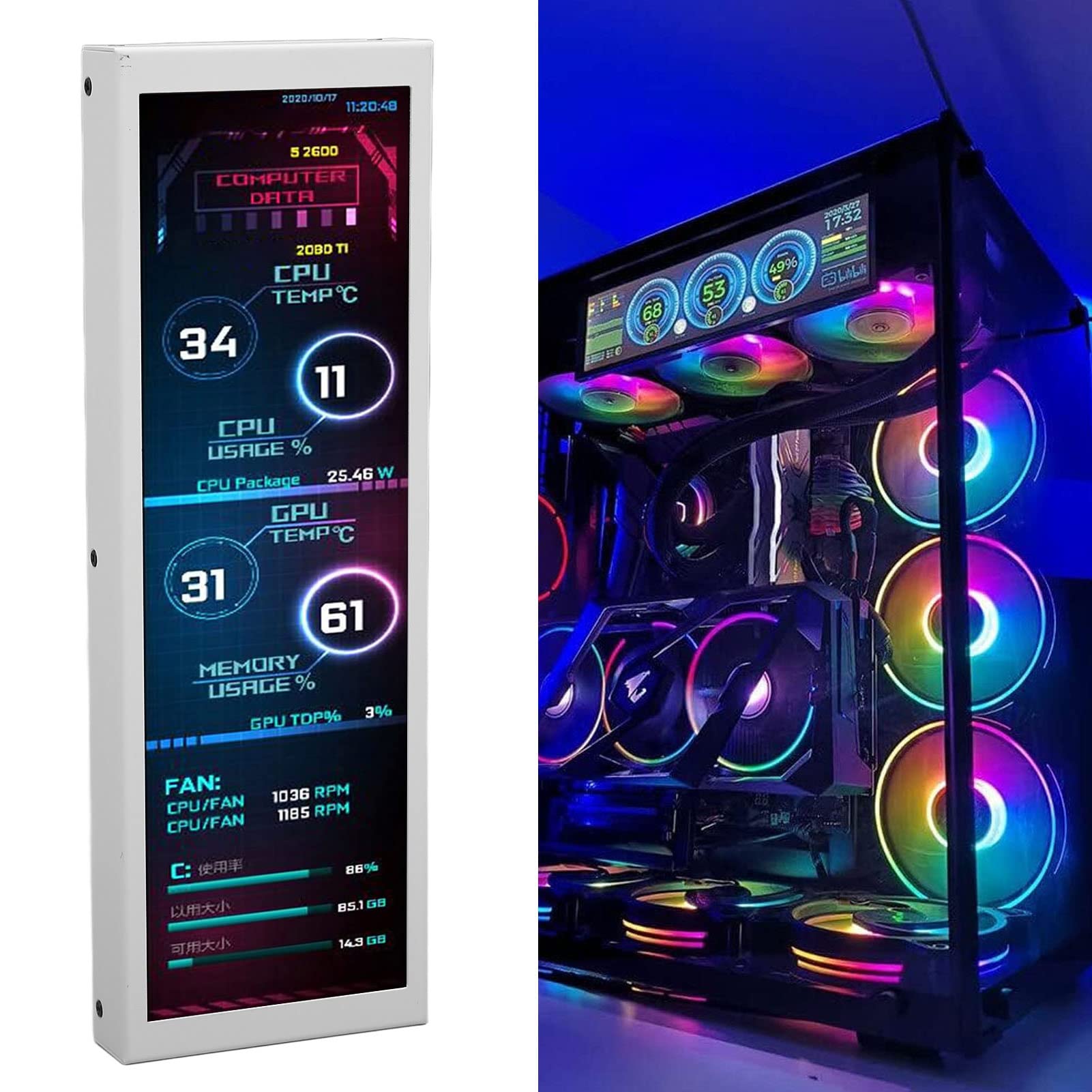 PC CPU Data Monitor, 7.9in IPS Widely Used Theme Editor 60HZ Refresh Rate Computer CPU Monitor for Gaming
