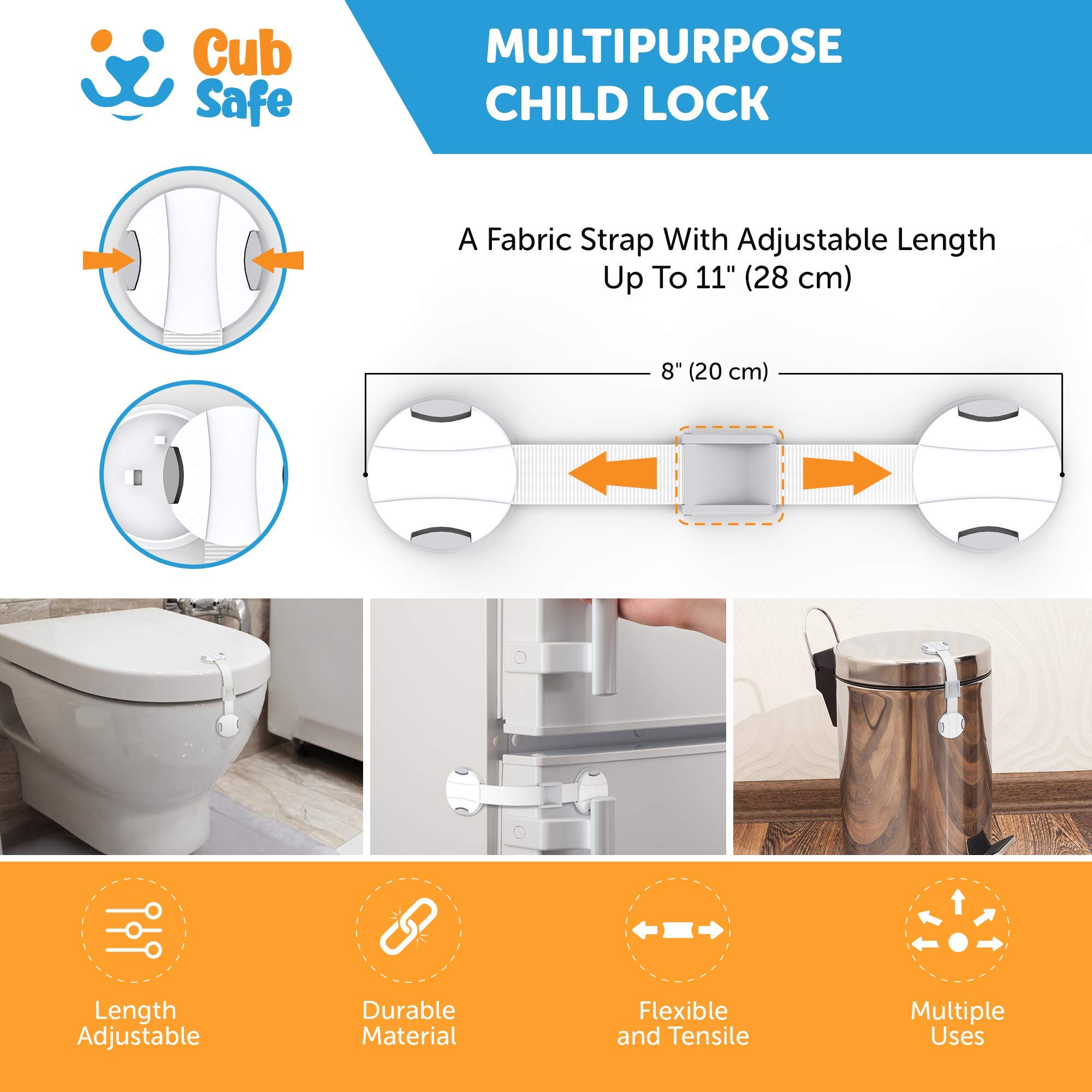 Improved Childproof Door Lever Lock (4 Pcs) and Multipurpose Safety Straps (4 Pcs) with Adjustable Strap and 3M Adhesive. Toddler Proofing. No Tools Required.