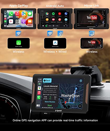 Spedal 7 Inch Wireless Apple CarPlay and Android Auto, Portable Car Stereo with Mirror Link, Multimedia Player, Bluetooth, AUX/FM, Google and Siri Assistant, Dash or Windshield Mounted