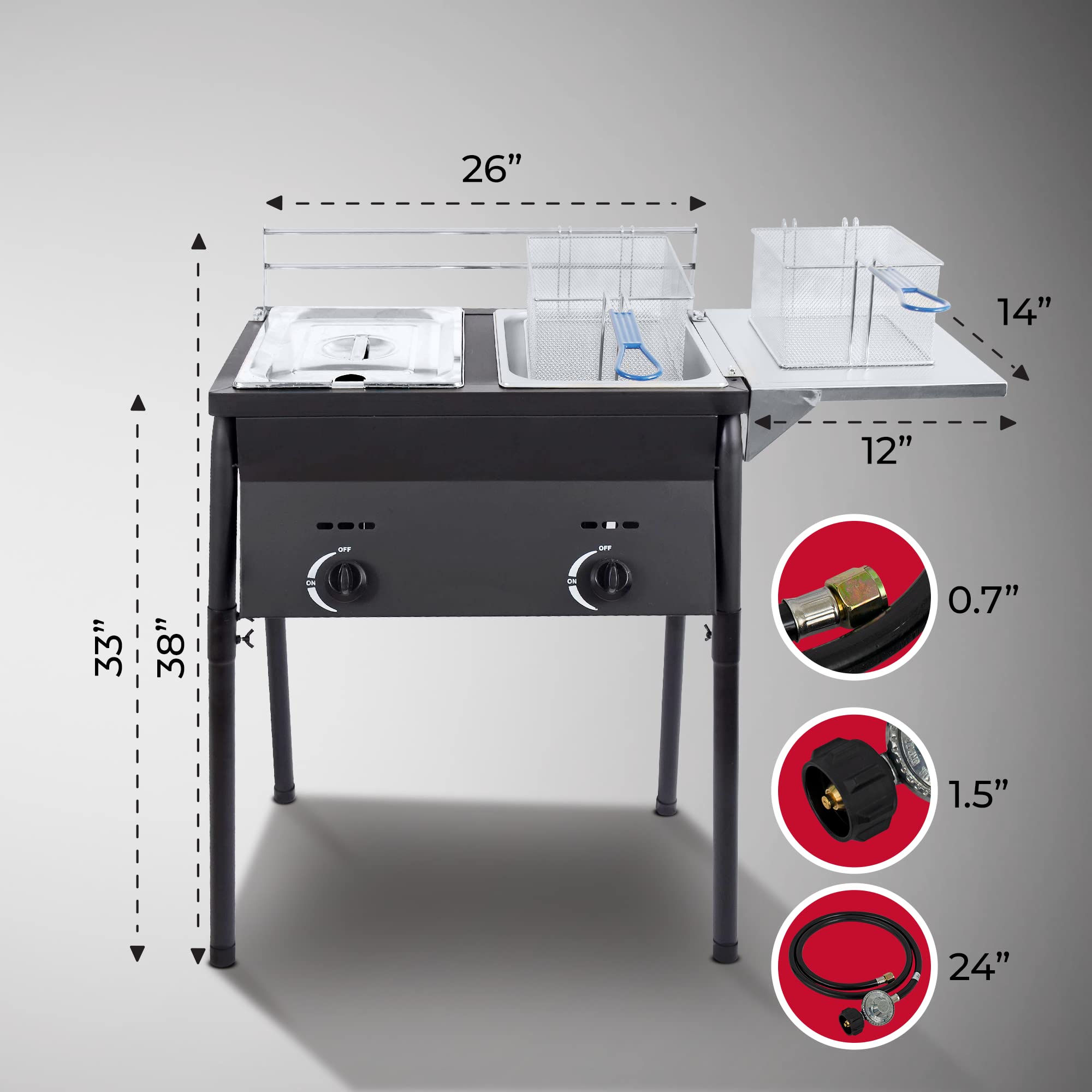 KEEKR Two Tank Outdoor Black Deep Fryer | Propane Deep Fryer Propane with 2 Stainless Steel Basket & Lid Covers | Large Oil Tank Capacity with Regulating Knobs