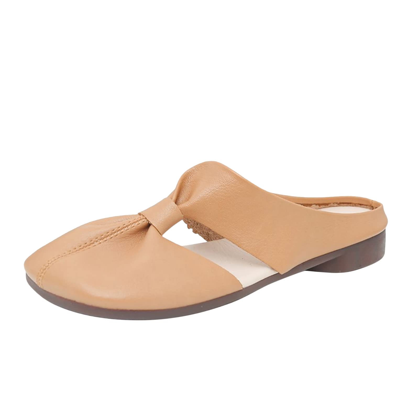Ladies Fashion Leather Surface Solid Color Half Slippers Soft Sole Flat Casual Shoes Comfort Casual Shoes Men Khaki