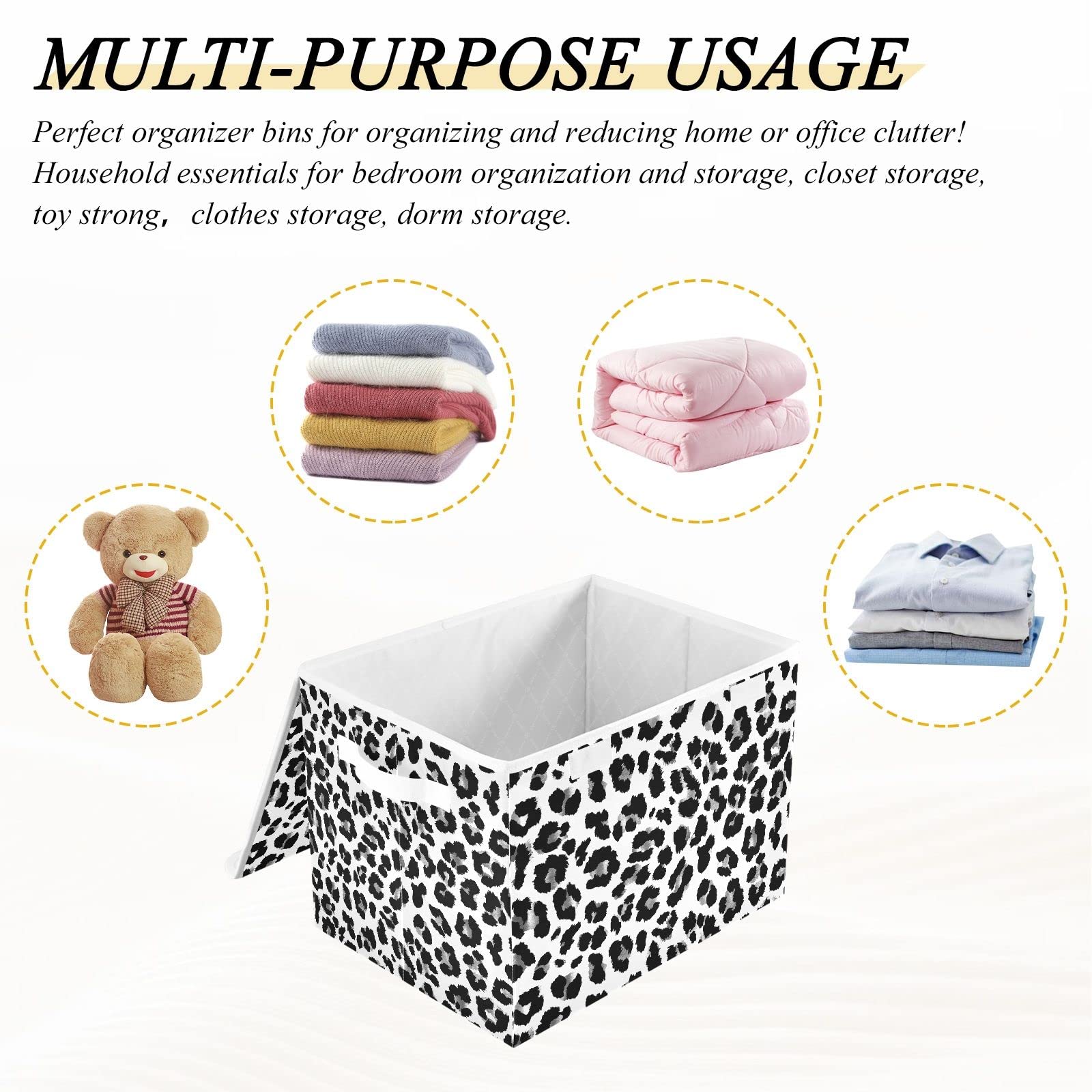 Joisal White Leopard Black Cheetah Collapsible Flip-Top Storage Box with Lid, Stackable Storage Boxes, Large Storage Bags, with Handle and Full Print