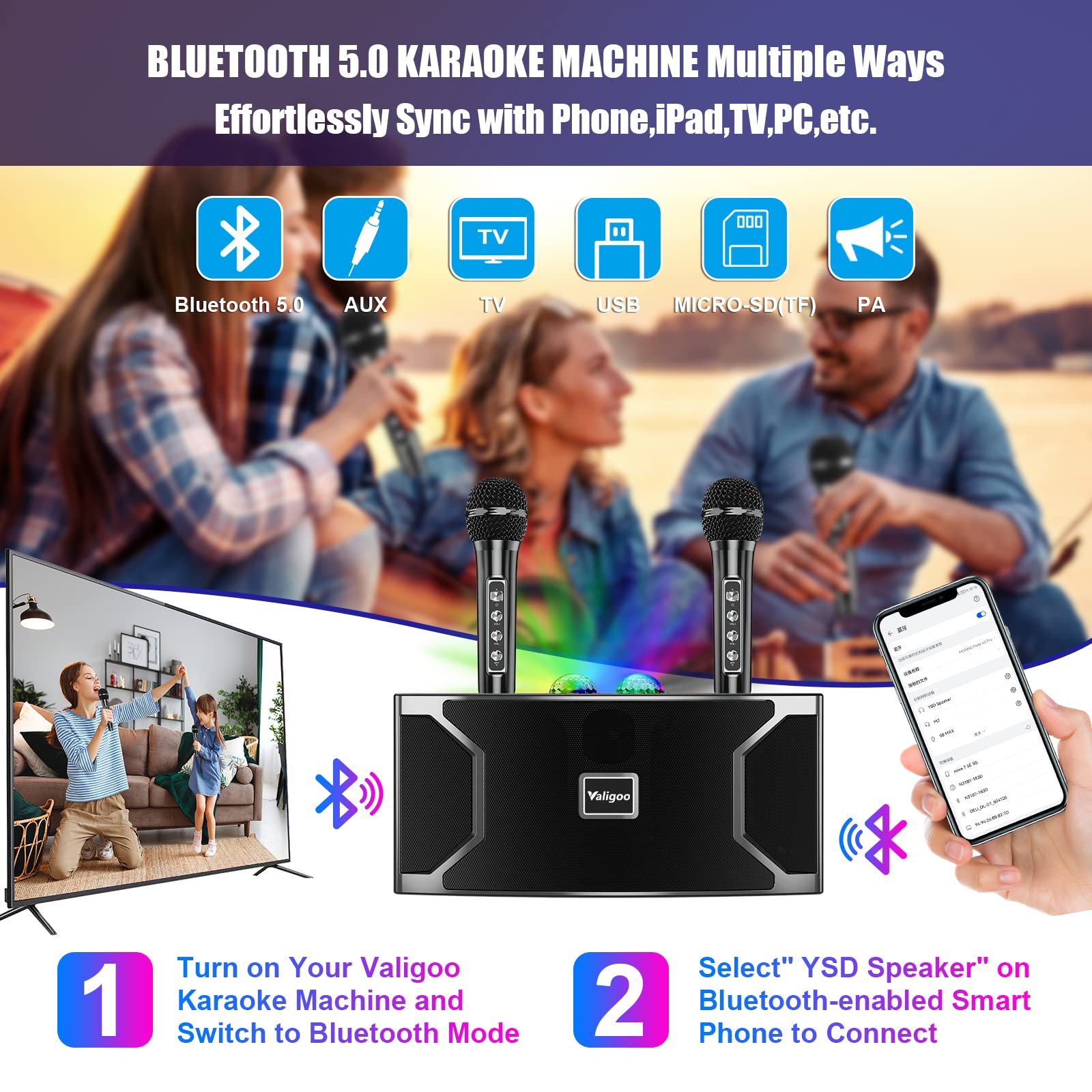 Karaoke Machine for Adults and Kids, with 2 Wireless Microphones, Portable Bluetooth PA Speaker System with LED Lights & Reverb/Treble Adjust, Echo & Vocal Cut, Best for Home Party, Wedding, Christmas