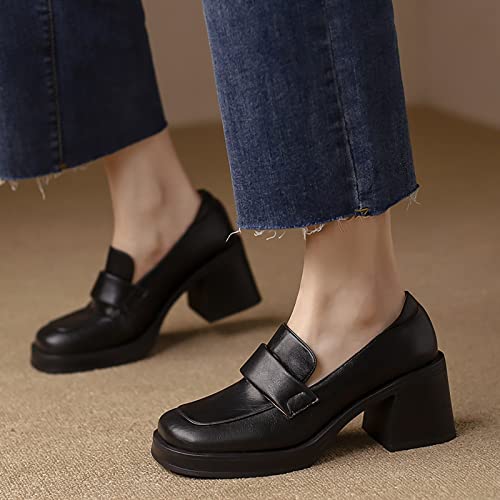 Leisure Women Artificial Leather Solid Color Autumn Thick Sole Square Heels Slip On Mens Slip on Winter Shoes Casual Black