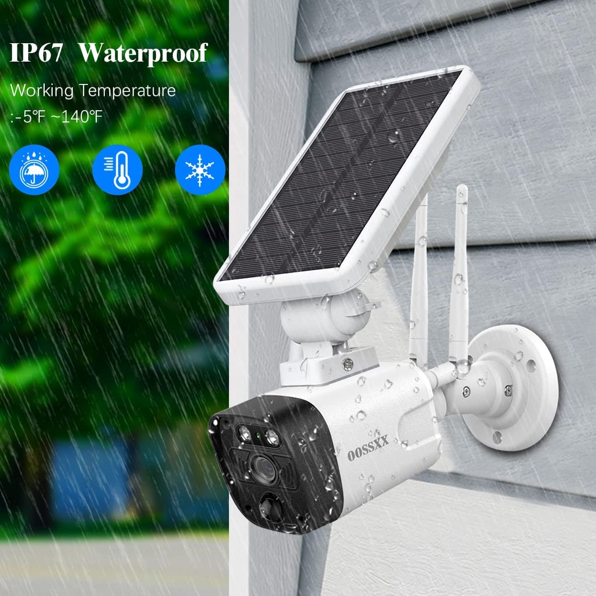 OOSSXX Solar Battery Security Camera Outdoor Wireless Solar Powered Wireless Camera with Rechargeable Battery, WiFi Home Surveillance Camera for Multi-User Use, 3.0MP with Two Way Audio 2 Packs